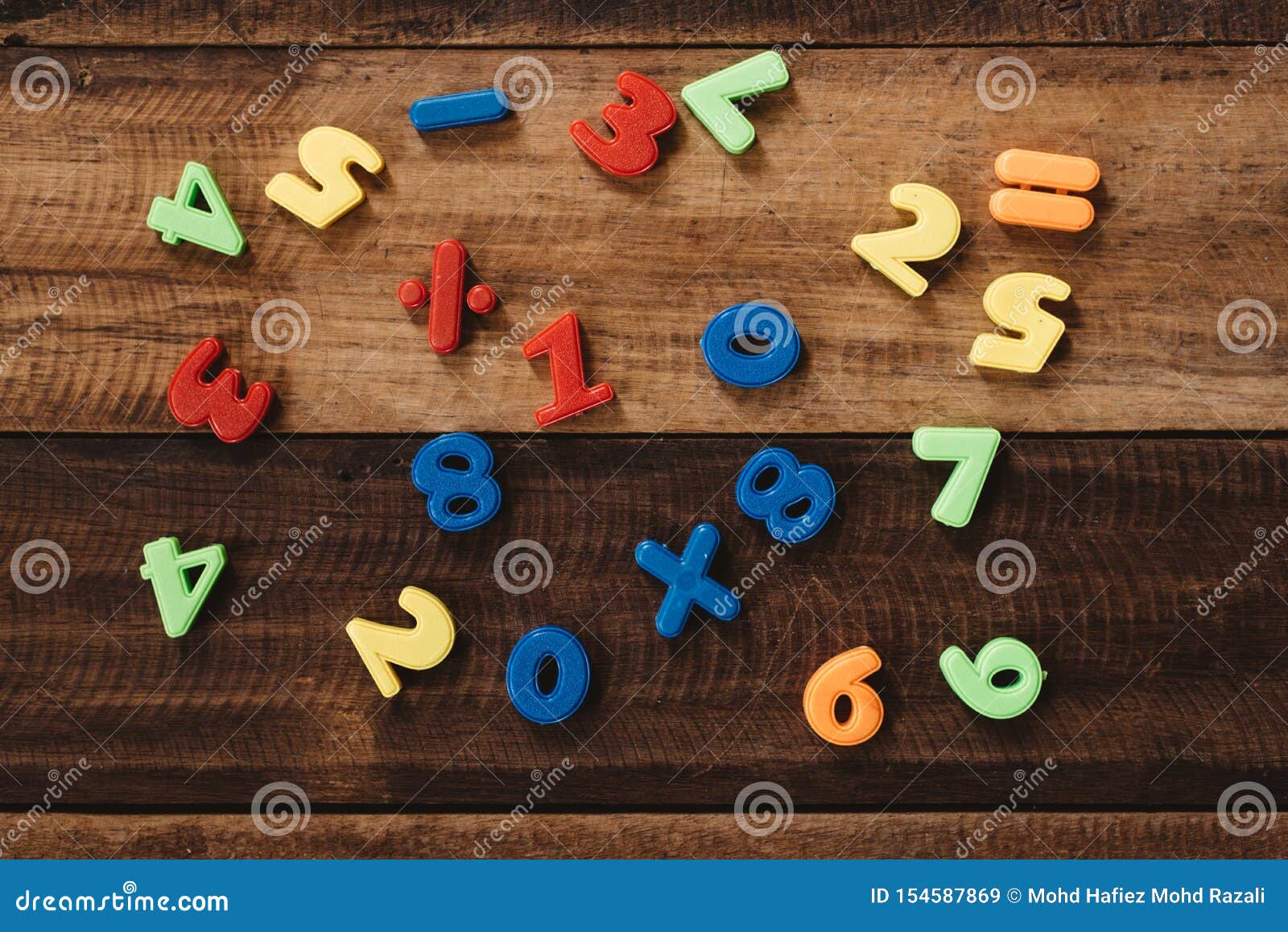 Group of Colorful Numbers and Mathematical Notation on Wooden Table ...