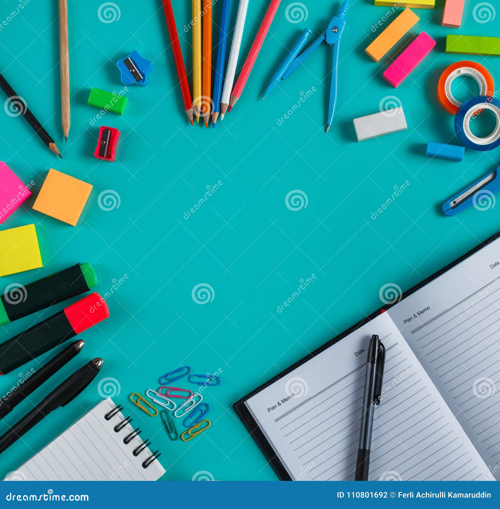 Group of Colorful Office Tools Stock Photo - Image of compass, note ...