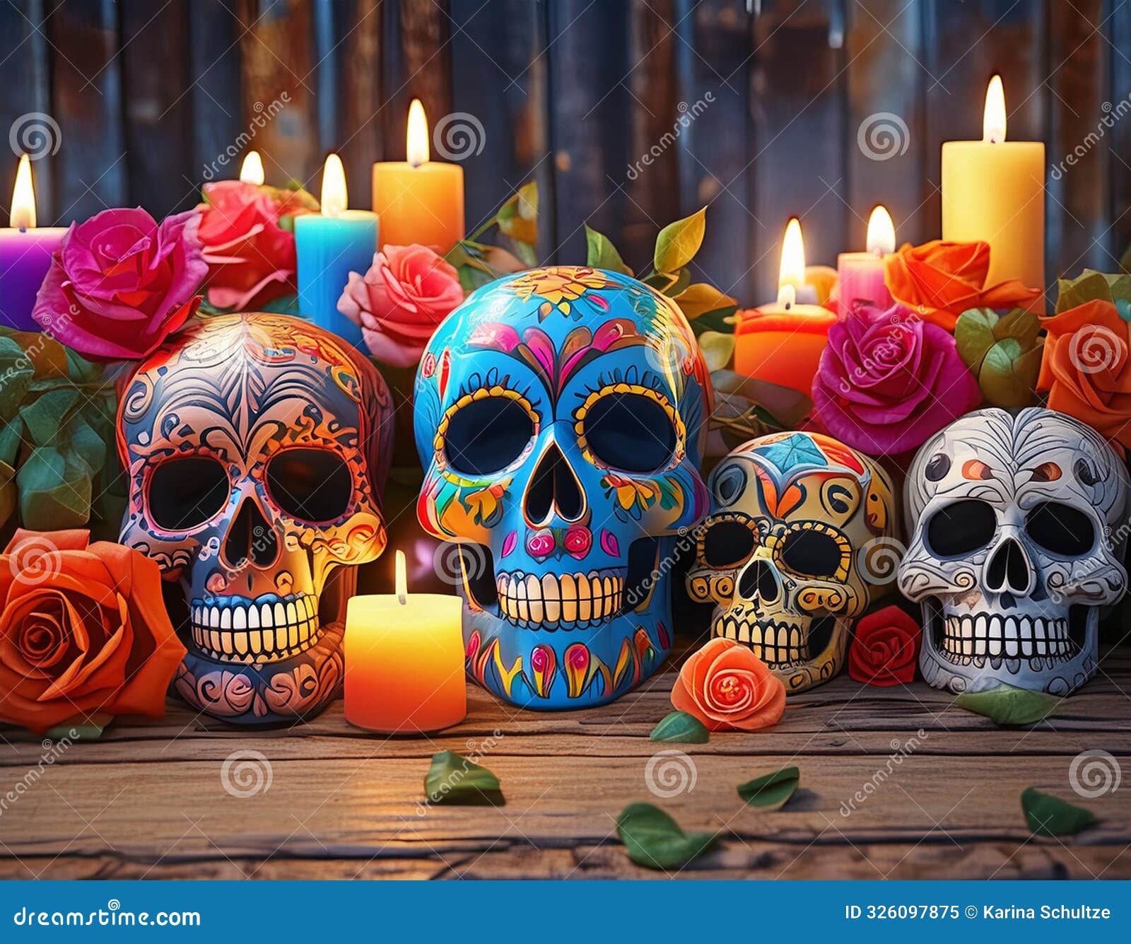 A Group of Colorful Skulls with Roses of Different Colors Stock ...