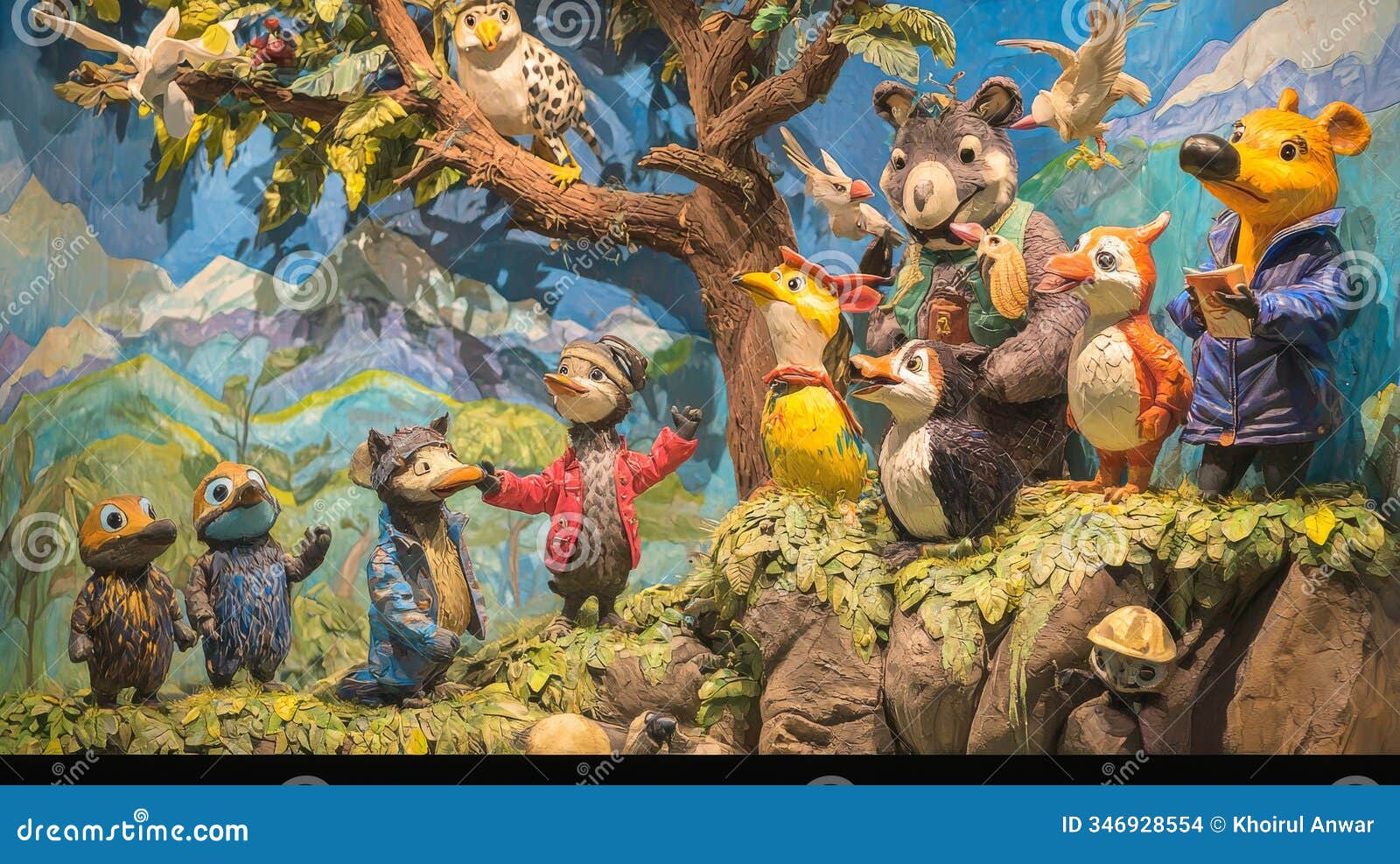 A Group of Colorful Stuffed Animals Sting on a Stage Stock Illustration ...