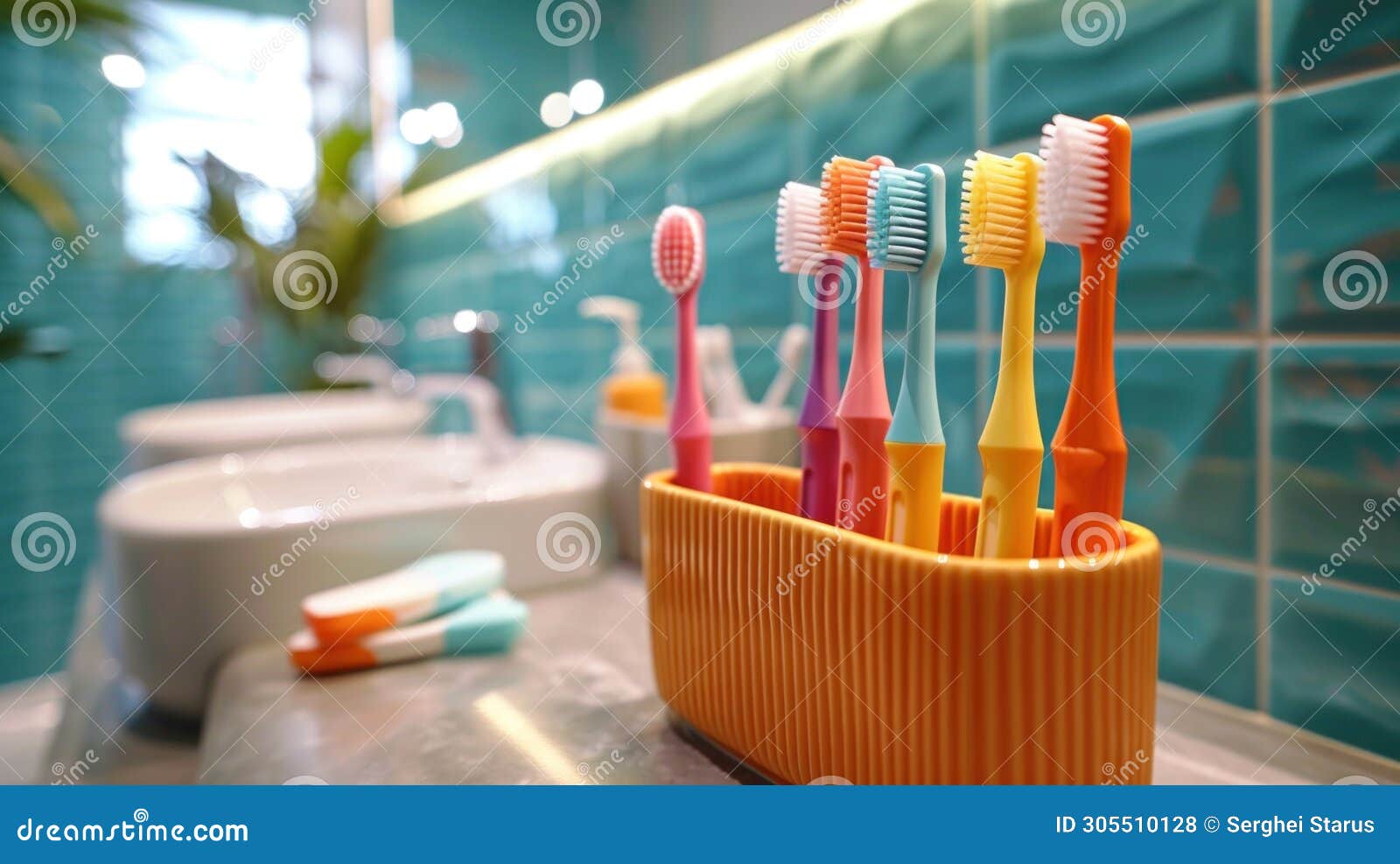 A Group of Colorful Toothbrushes in a Small Container on the Counter ...