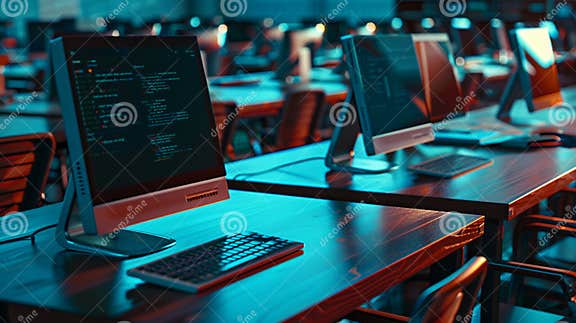 Modern Office Workspace Night Computers Desk Digital Technology Programmers Coding Code Data ...