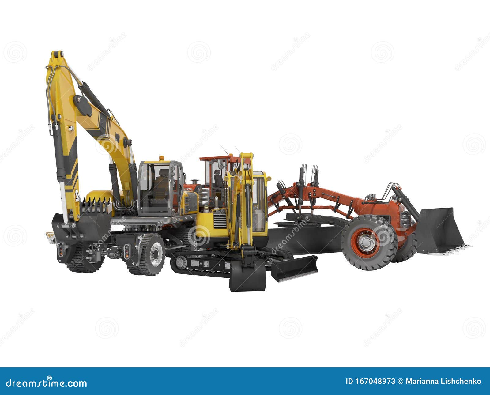 Group Concept Road Construction Equipment 3D Rendering on White ...