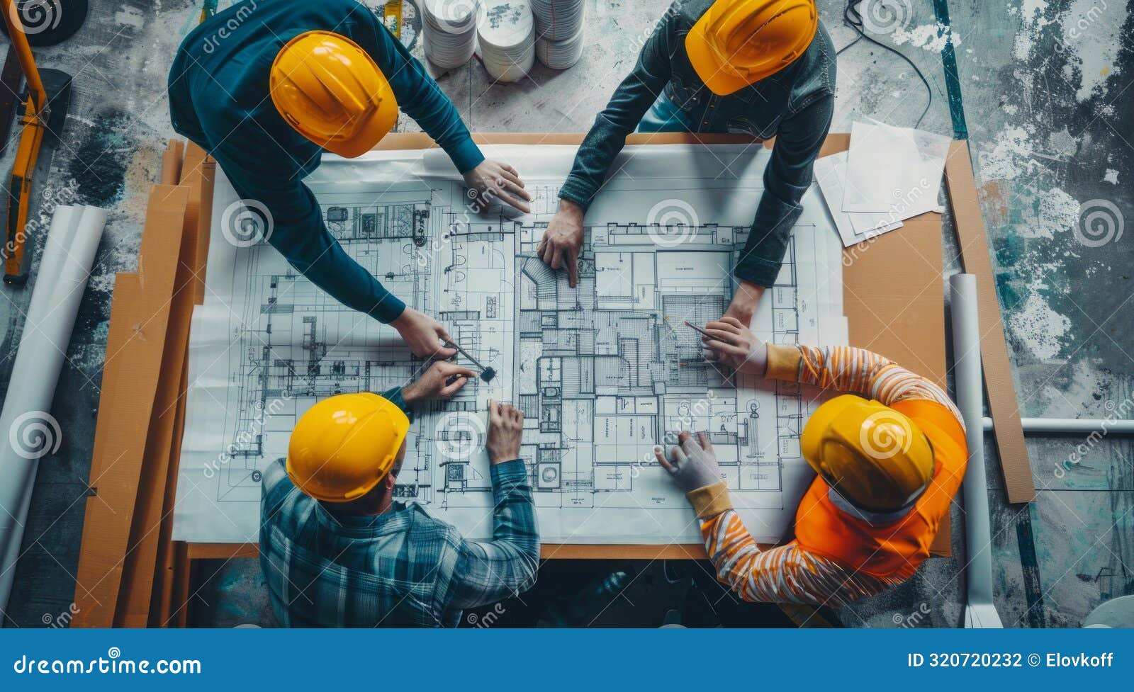 A Group of Construction Workers, Architects and Engineers Working on a ...