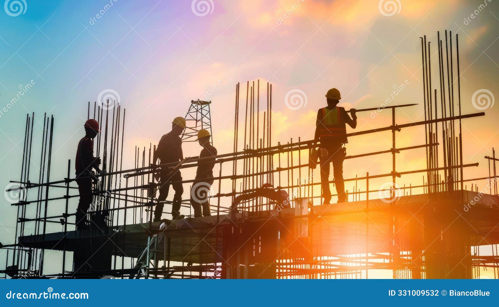 A Group of Construction Workers is Constructing a Scaffold Framework on ...