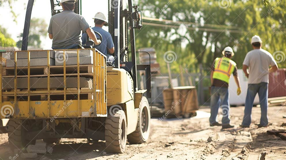 A Group of Construction Workers Maneuver a Forklift Carefully Lifting ...
