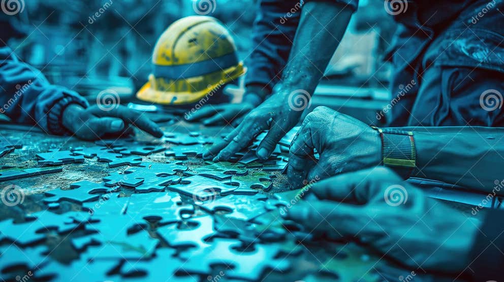 A Group of Construction Workers Putting Together a Puzzle AIG535 Stock ...