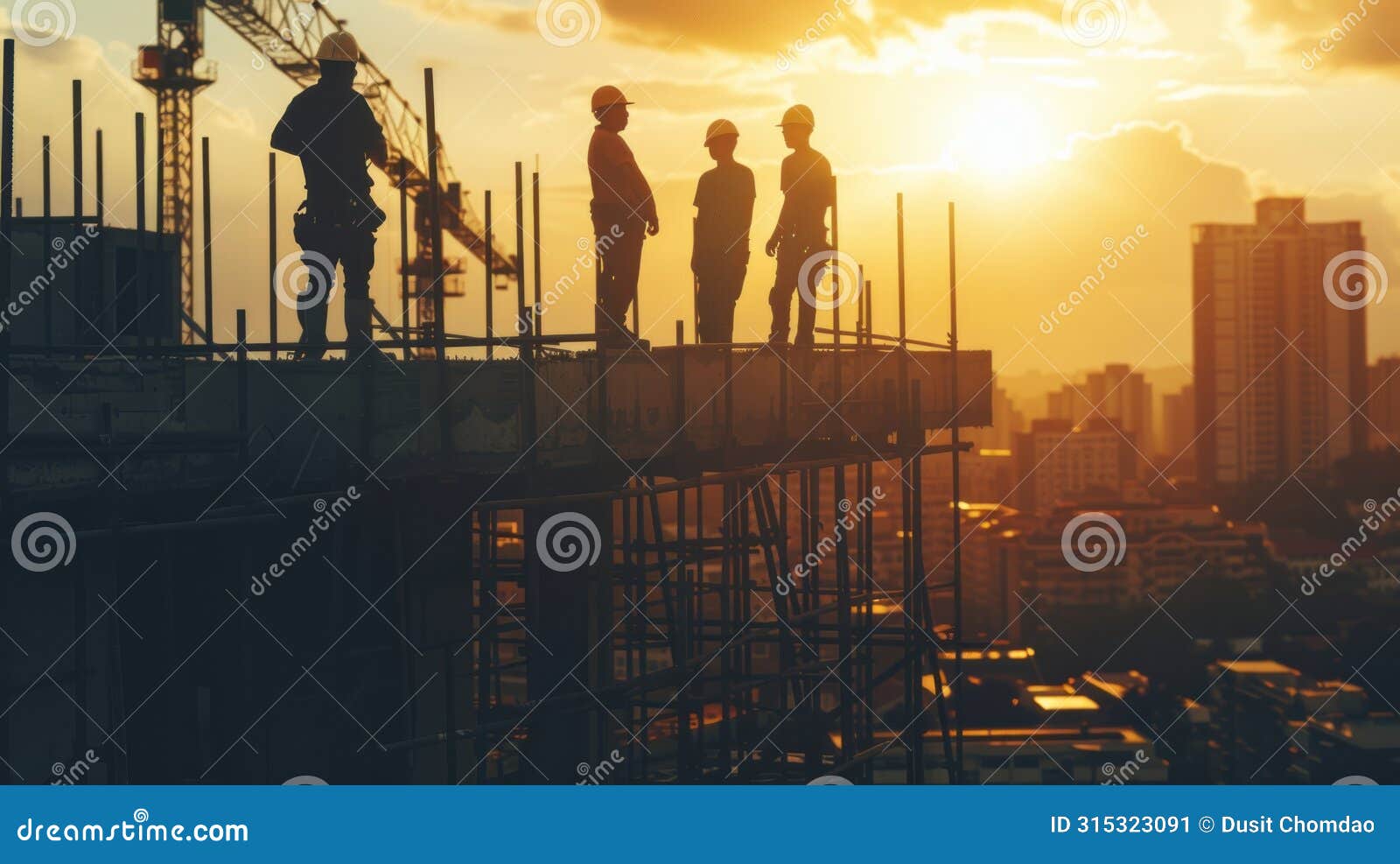 A Group of Construction Workers are Standing on a Scaffold Overlooking ...