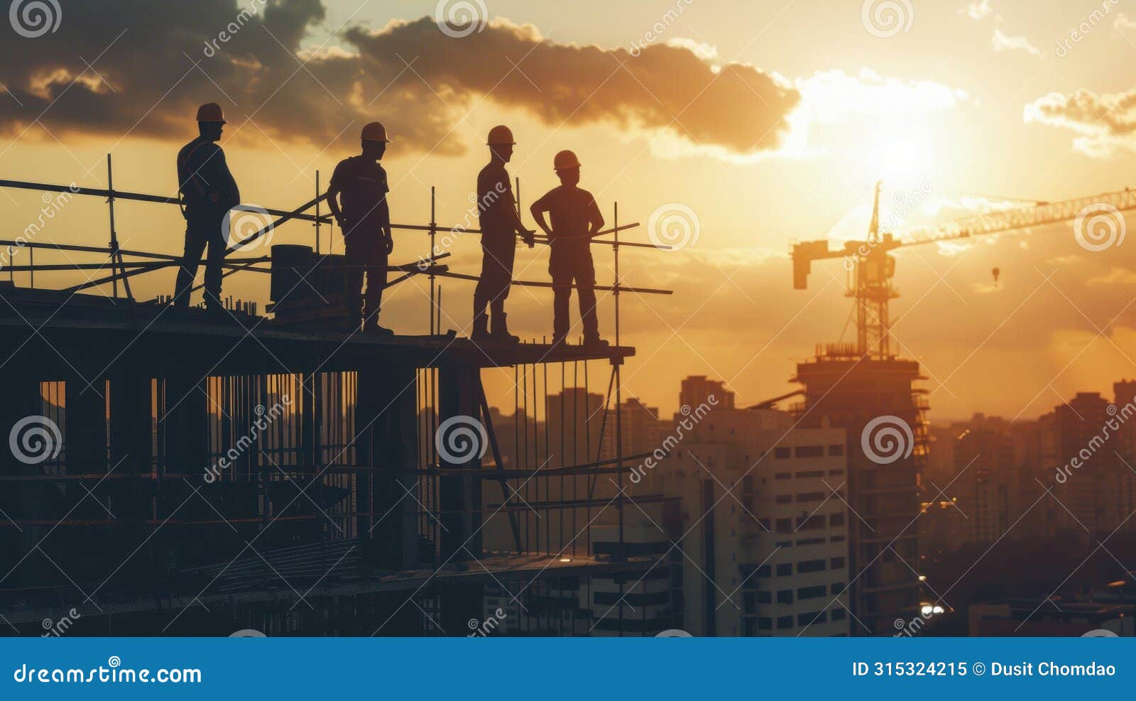 A Group of Construction Workers are Standing on a Scaffold Overlooking ...