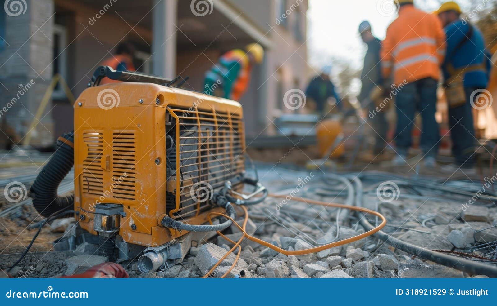 A Group of Construction Workers Using a Portable Gas Generator To Power ...
