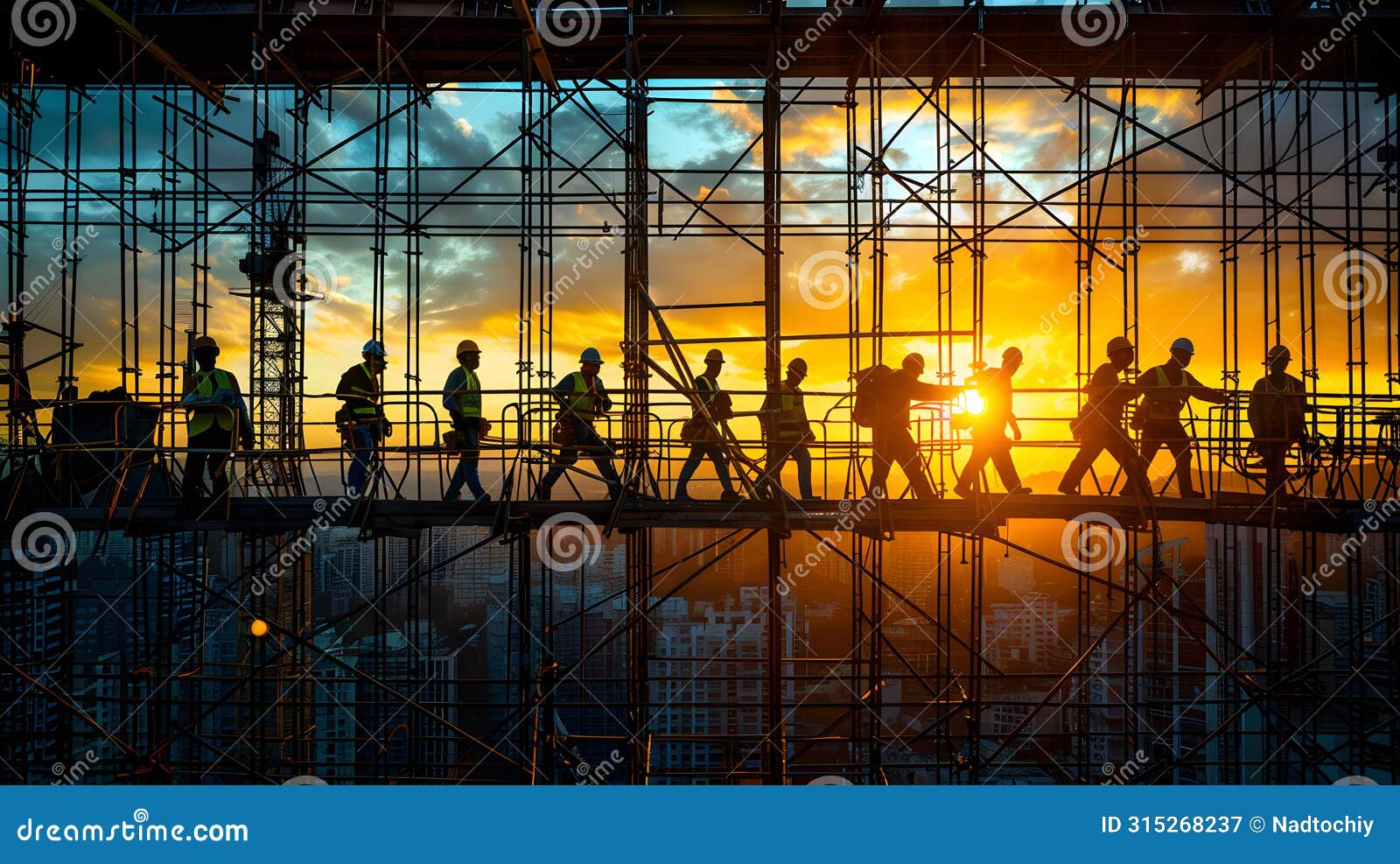 A Group of Construction Workers are Walking Across a Bridge at Sunset ...