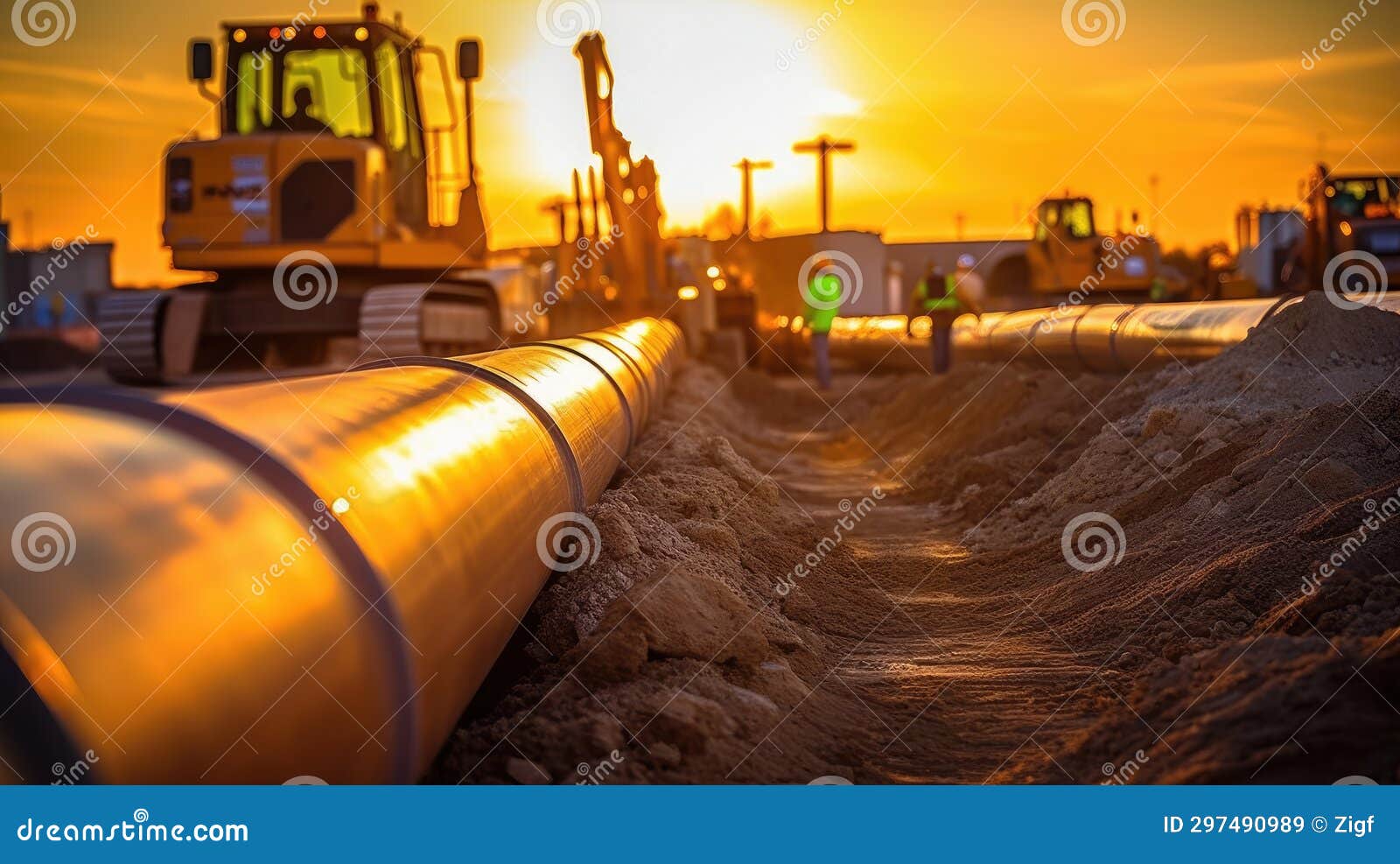 Group of Construction Workers are Working on Pipeline at Sunset Stock ...