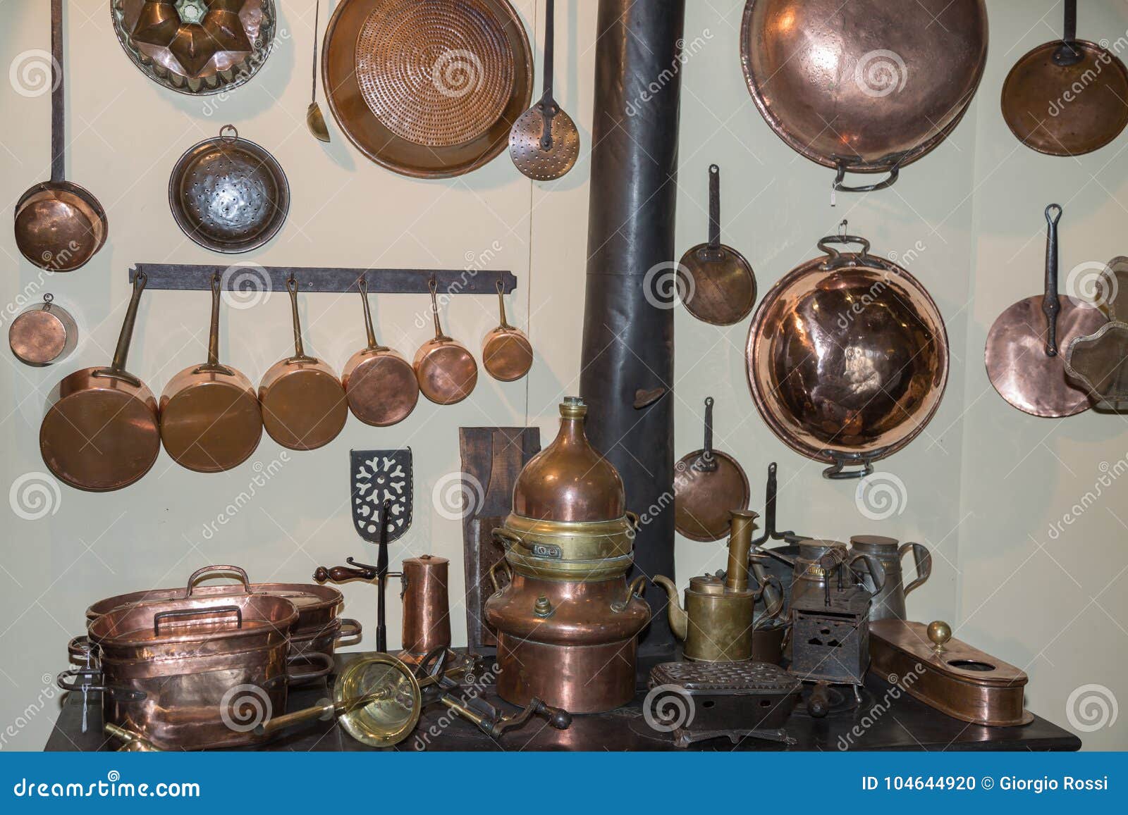 Group of Copper Kitchen Utensils: Cookware, Saucepans Stock Photo ...
