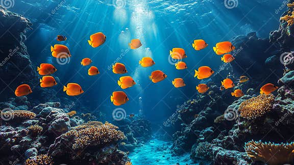 Group of Coral Fish in Blue Sea Water Stock Illustration - Illustration ...