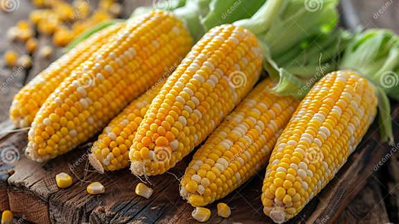 A Group of Corn on a Wooden Cutting Board with Some Kernels Missing, AI ...