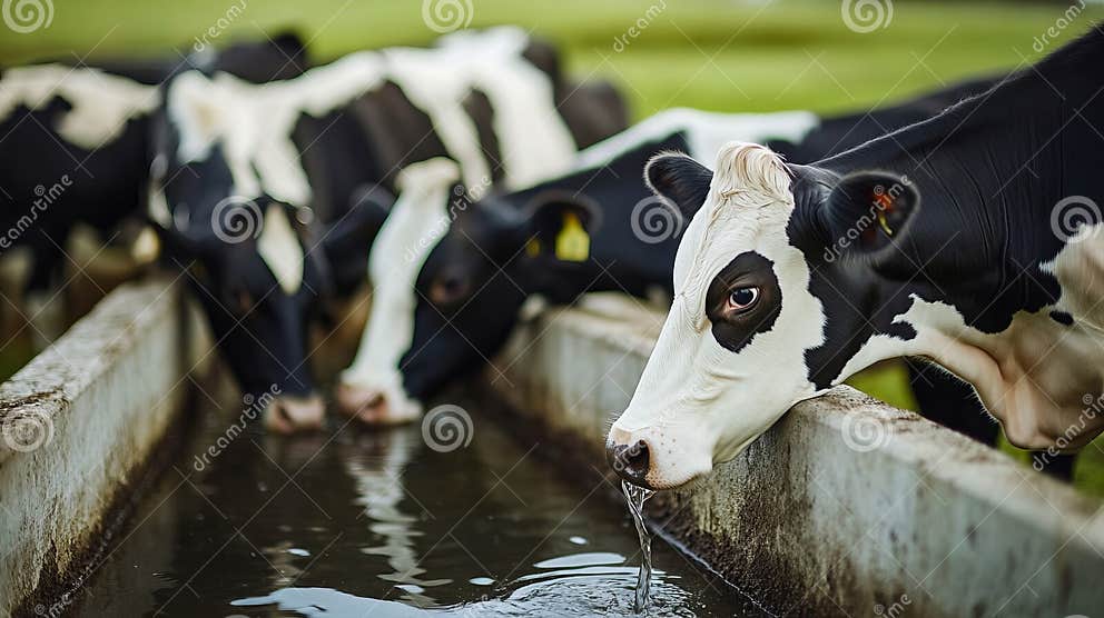 A Group of Cows Drinking Water from a Trough Stock Photo - Image of ...