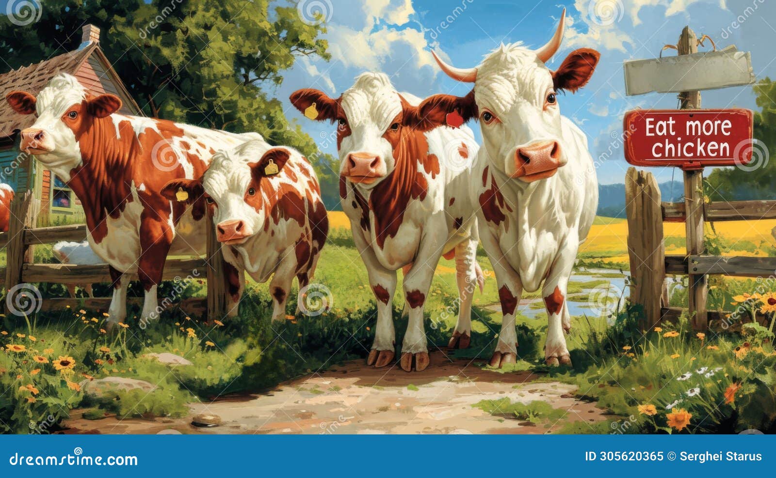 A Group of Cows Standing in a Field with Signs for Eat More Chicken, AI ...