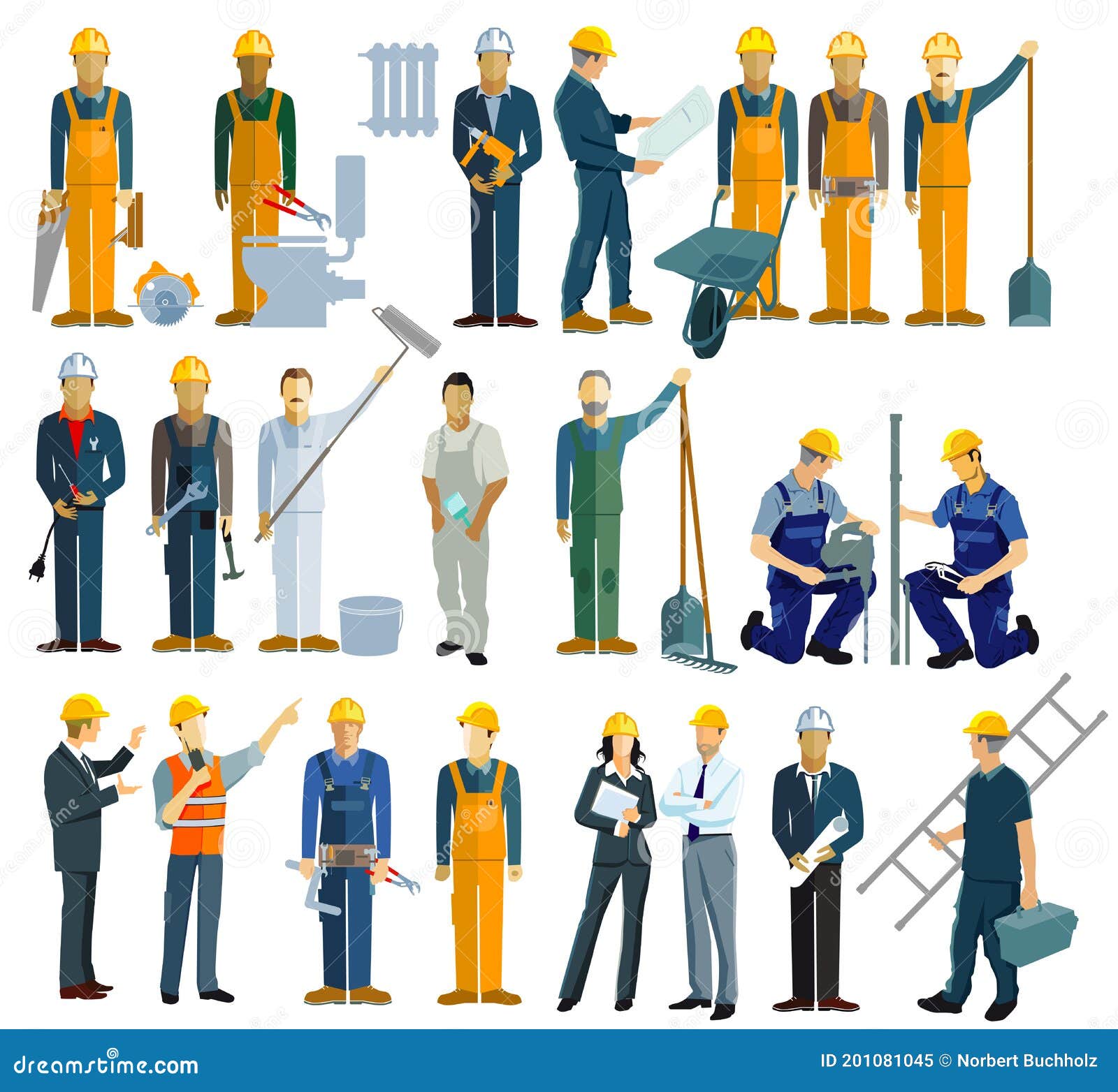A Group Of Craftsmen Construction Workers And Technicians Architects Stock Vector