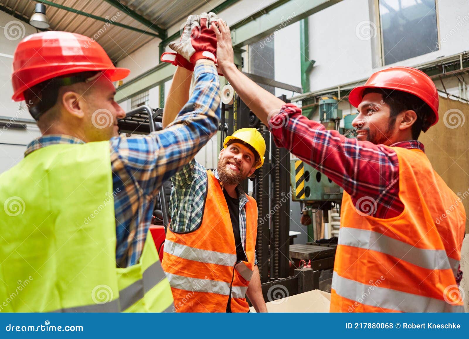Group of Craftsmen and Workers at the High Five Stock Photo - Image of ...