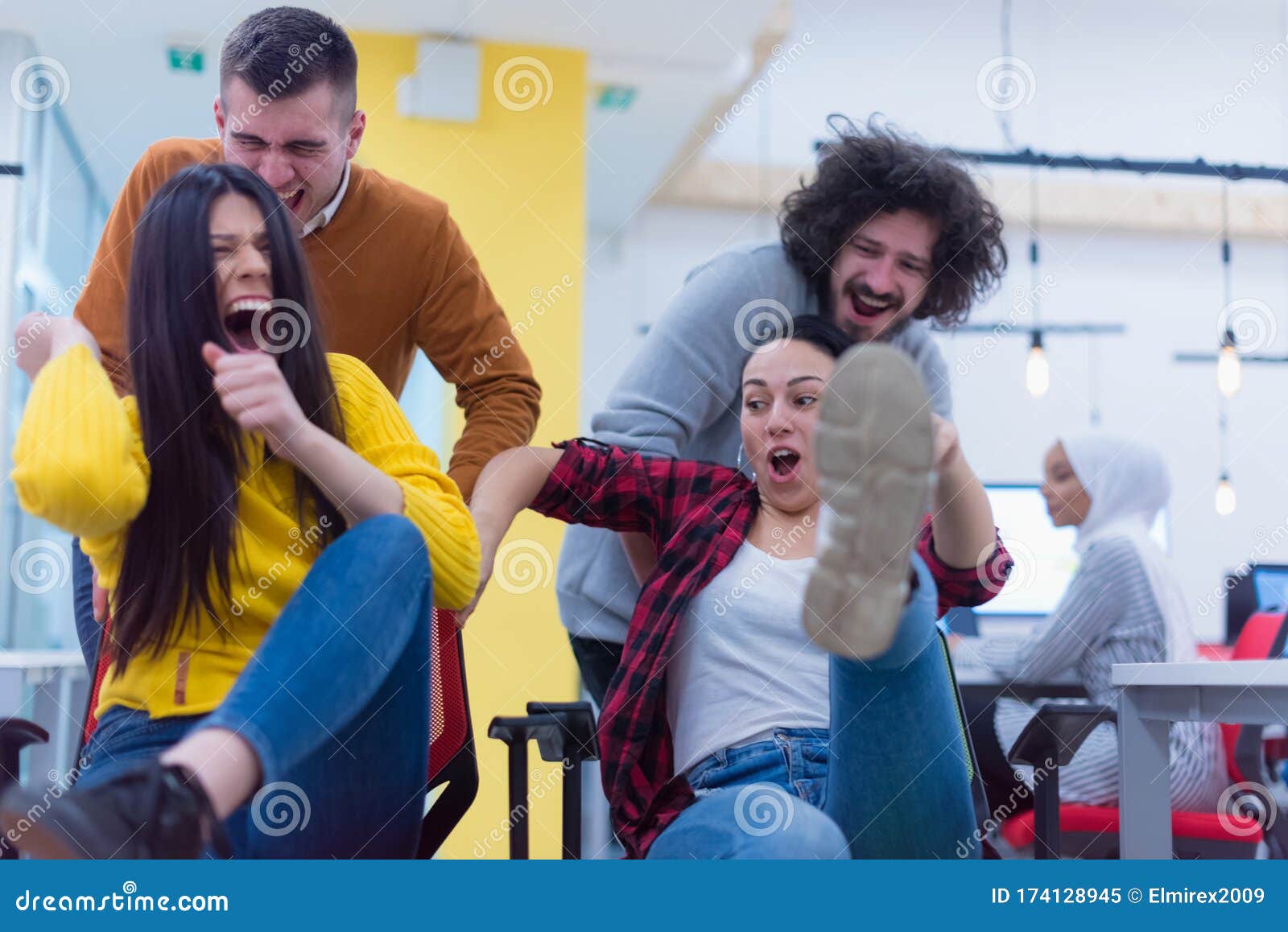 Group of Creative Office Workers Collaborate Together Making Joke with ...