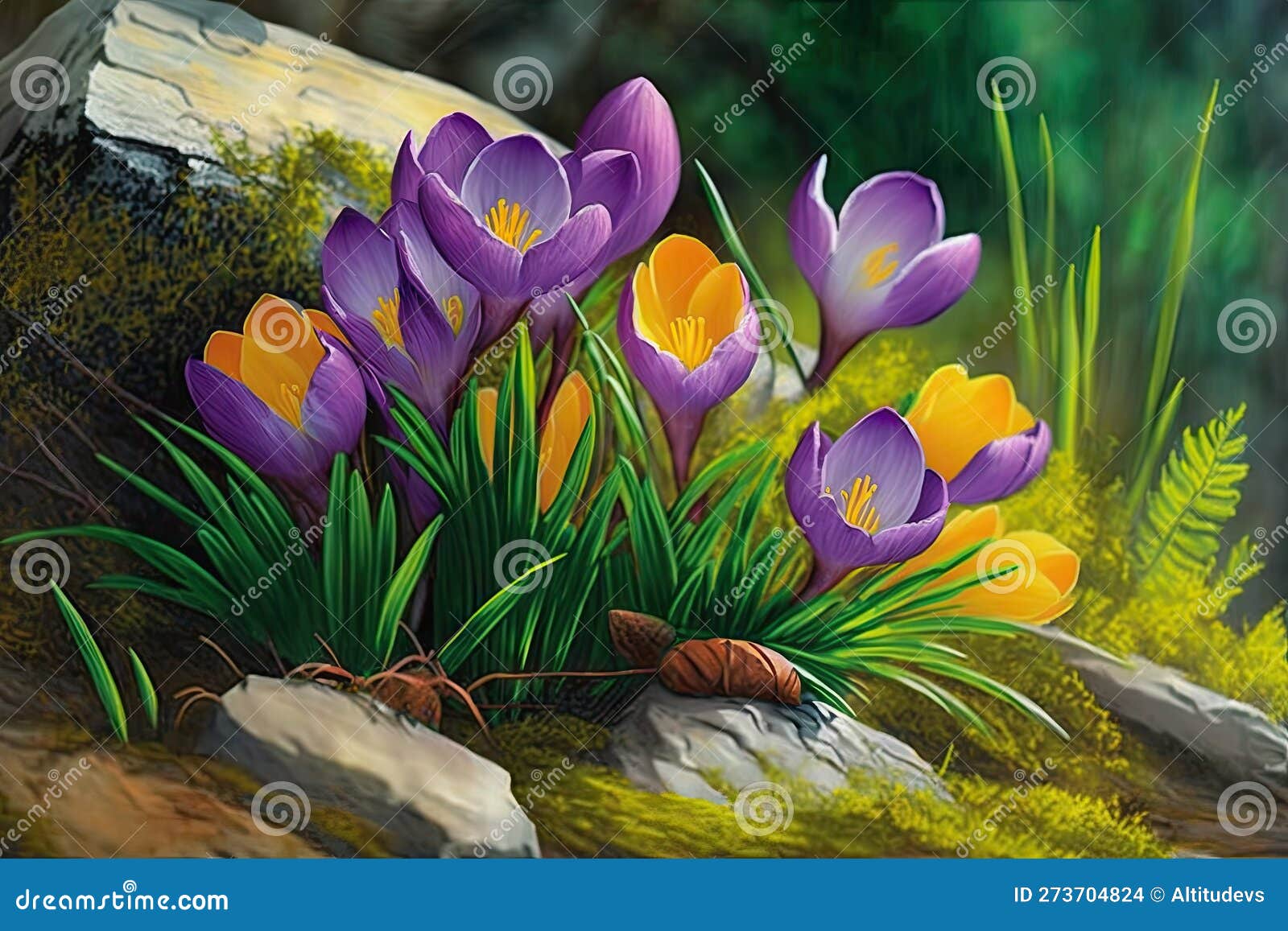 Group of Crocus Blooming in Natural Setting, Surrounded by Greenery ...