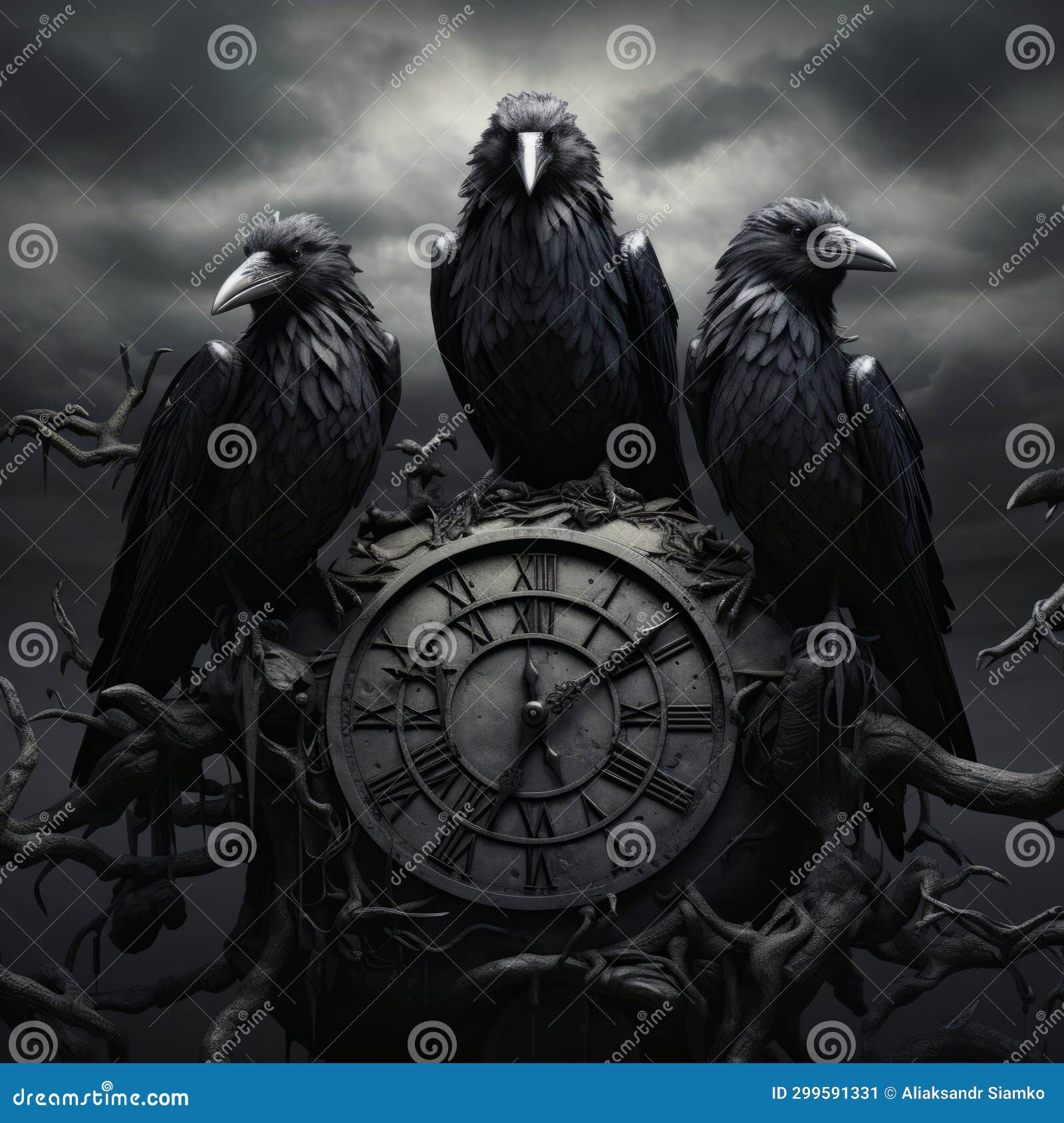 A Group of Crows Sitting on a Clock Stock Illustration - Illustration ...
