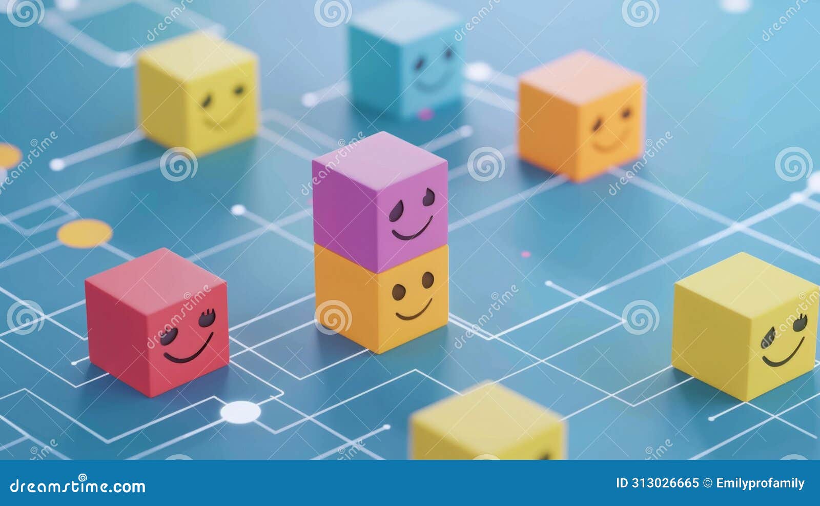 Group of Cubes with Faces Drawn, Geometric Art Installation Stock Image ...