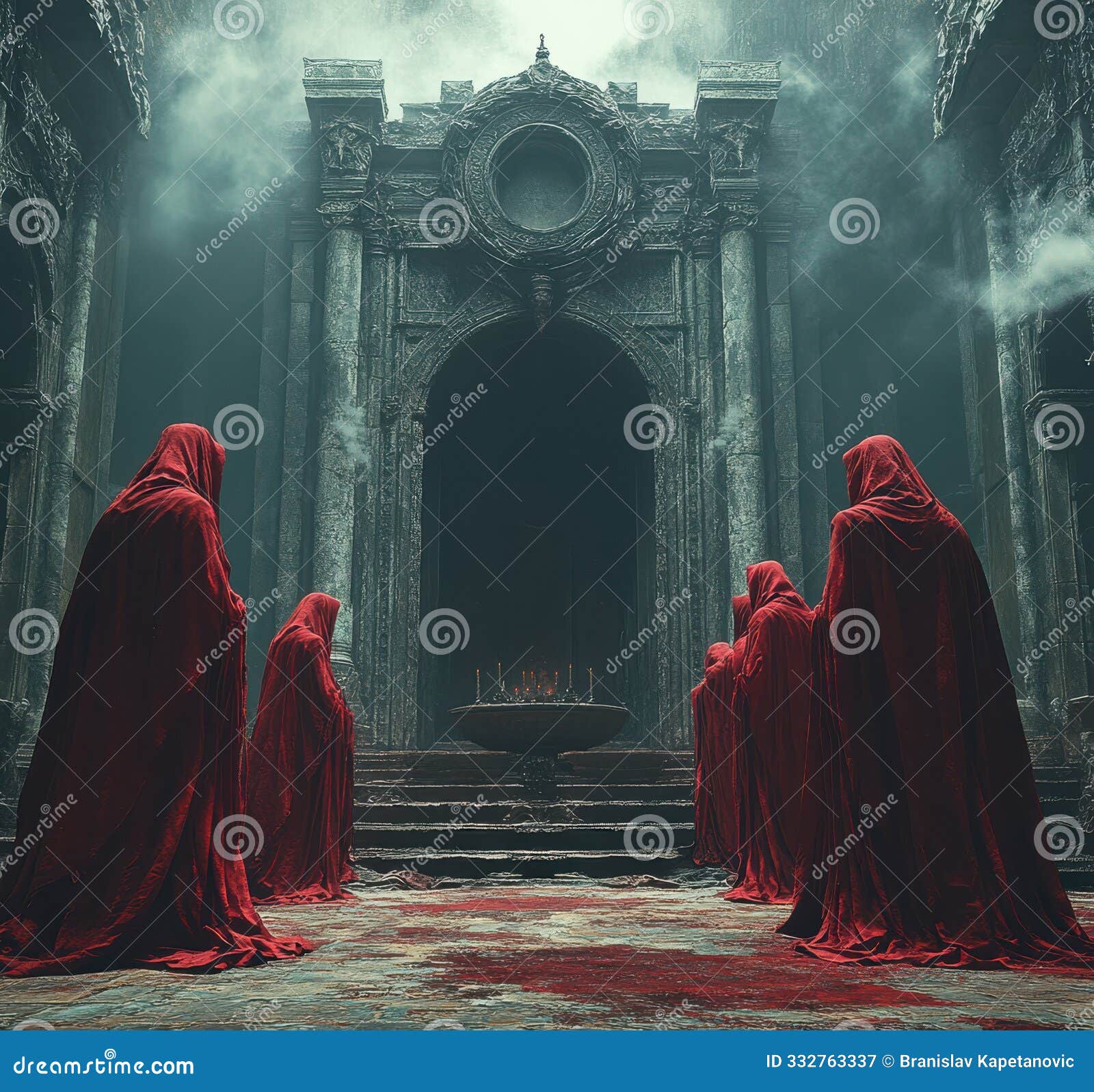 Cultists in Red Robes Perform a Dark Ritual in an Ancient Throne Room ...