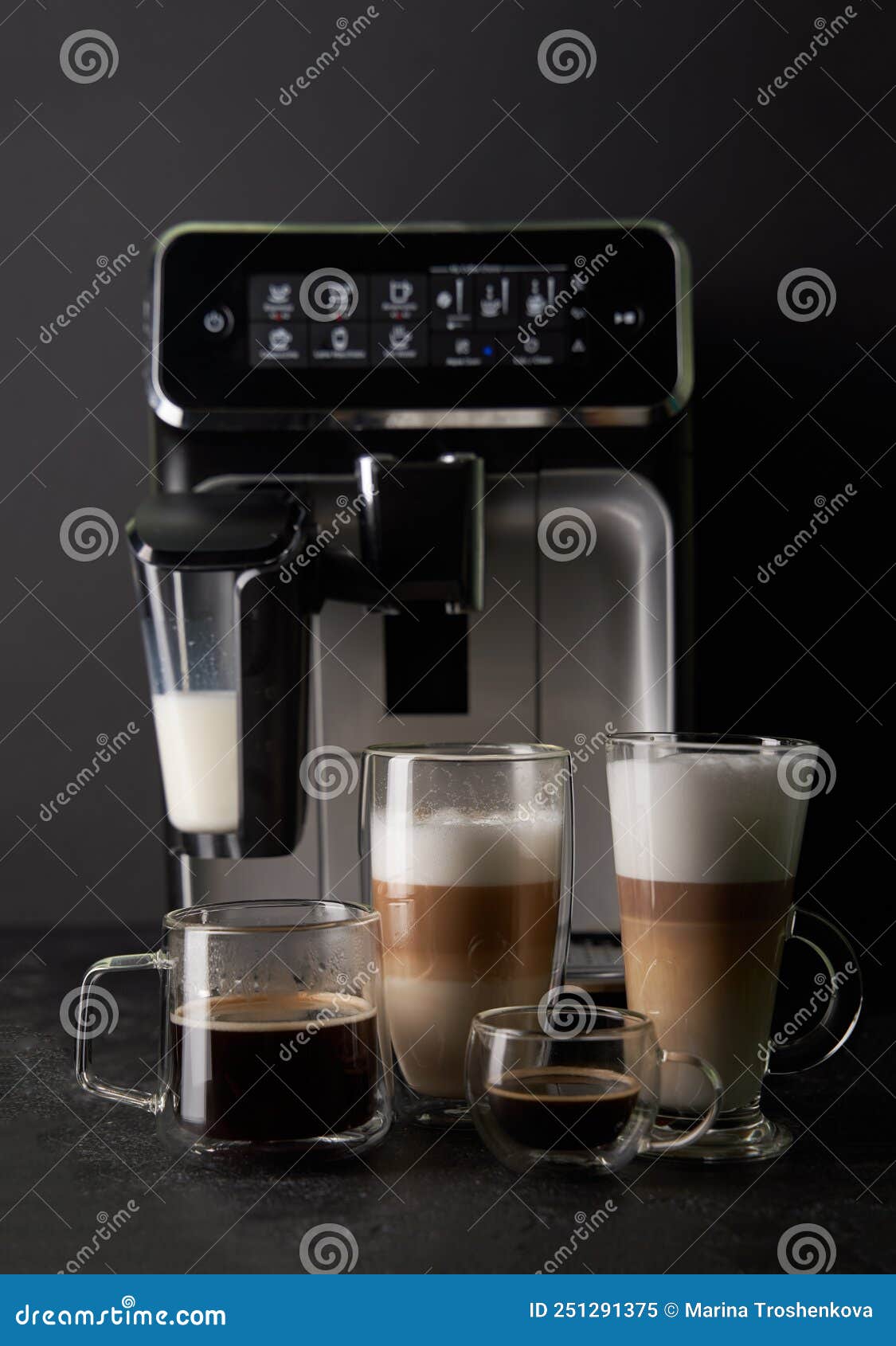 Group of Cup with Different Freshly Types of Coffee: Cappuccino, Latte ...