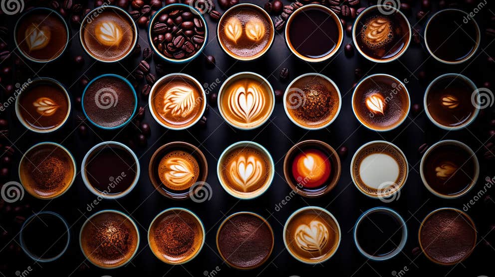 A Group of Cups of Different Types of Coffee. Cups on a Wooden Table ...