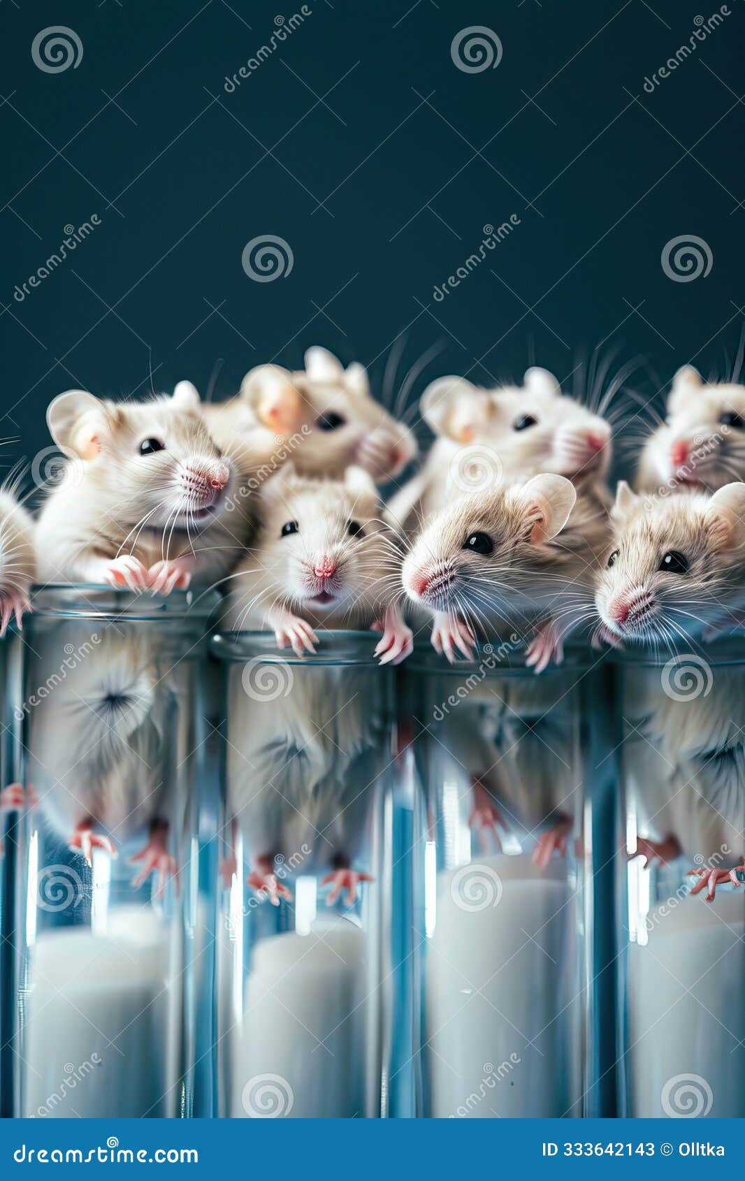 Group of Curious White Mice Gathered on the Edge of Glass Tubes in a ...