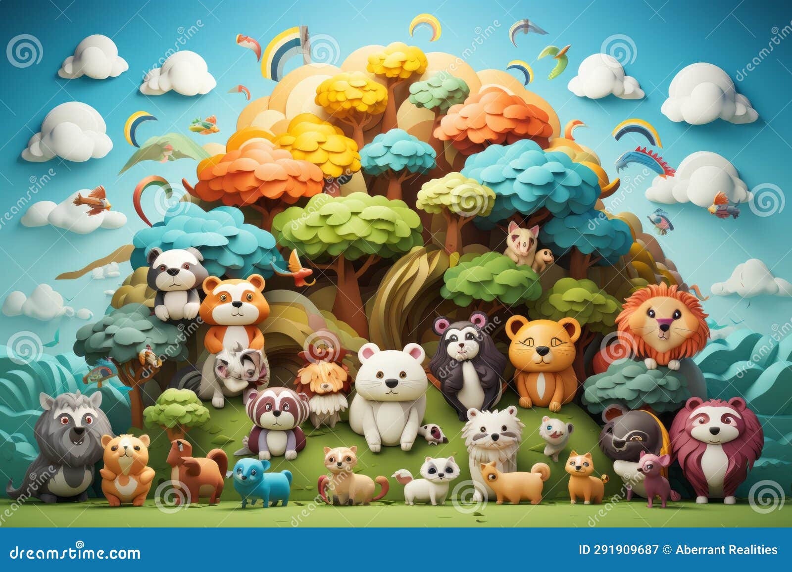 A Group of Cute Animals in Front of a Tree Stock Illustration ...