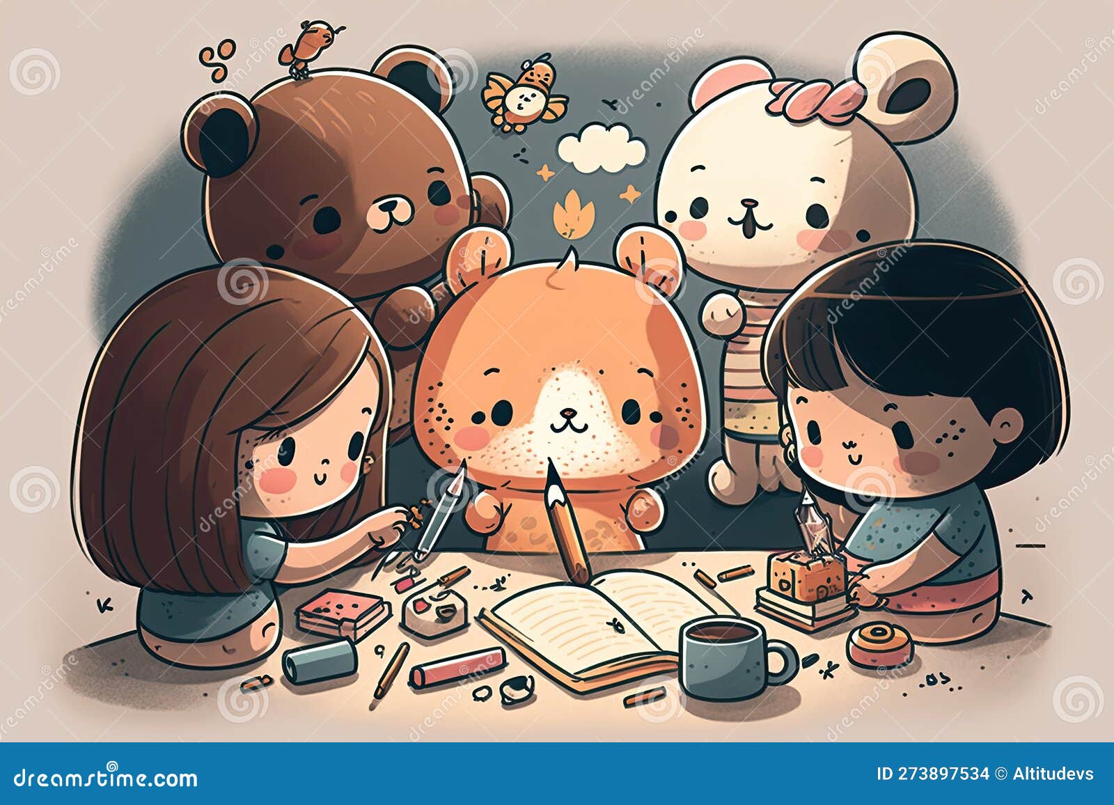Group of Cute Characters Drawing Together, Sharing Creative Process ...
