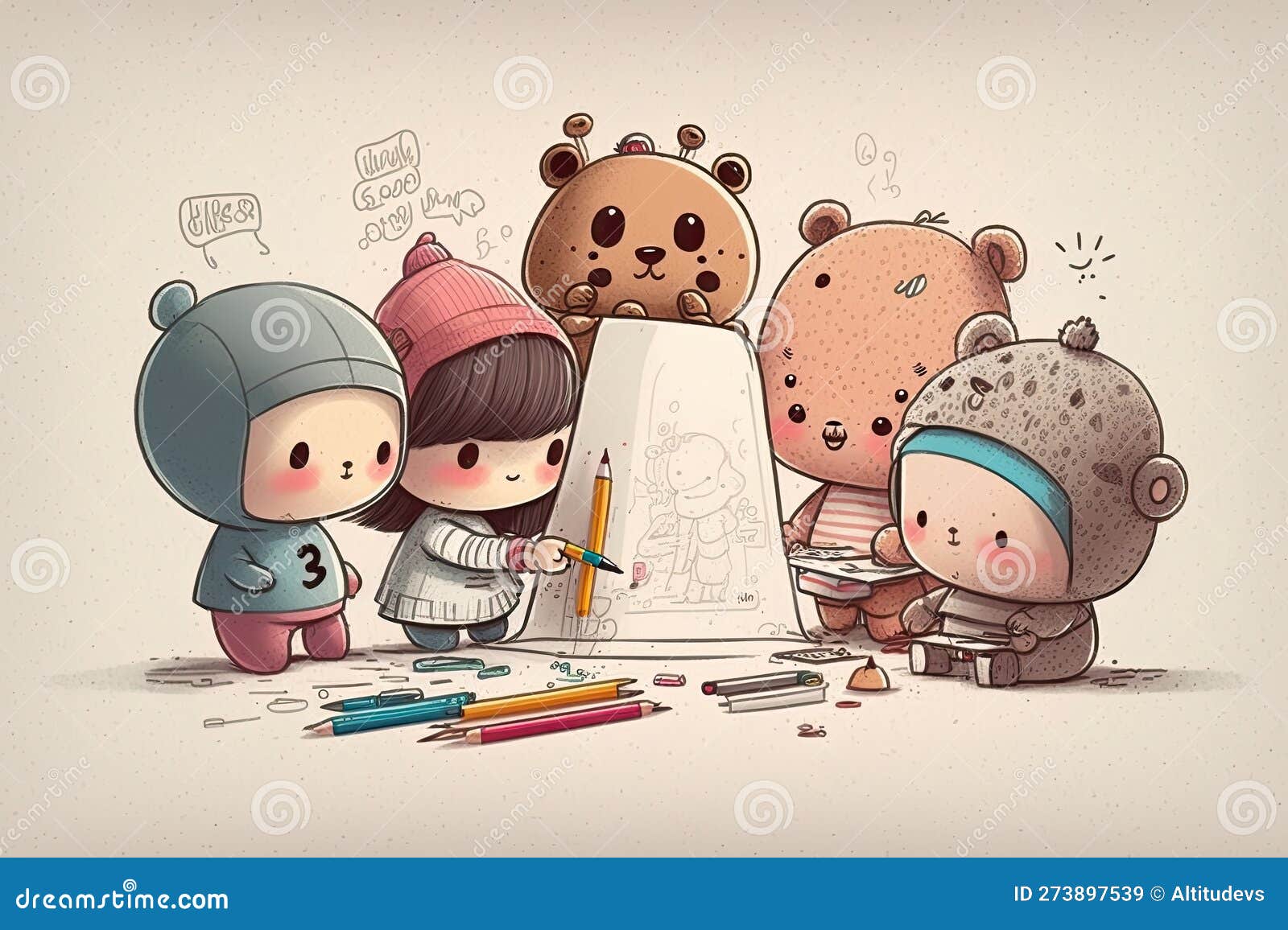 Group of Cute Characters Drawing Together, Sharing Creative Process ...