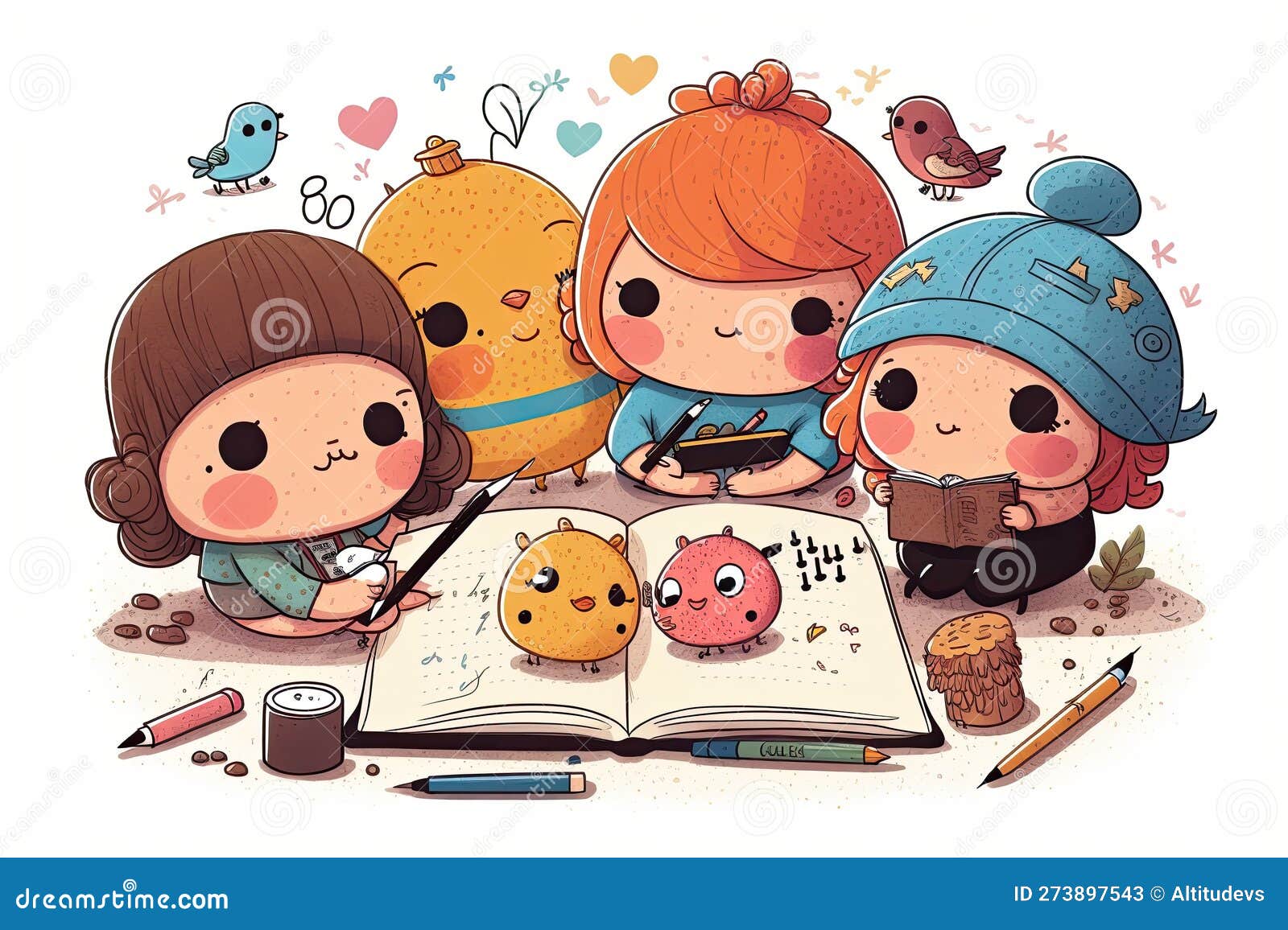 Group of Cute Characters Drawing Together, Sharing Creative Process ...