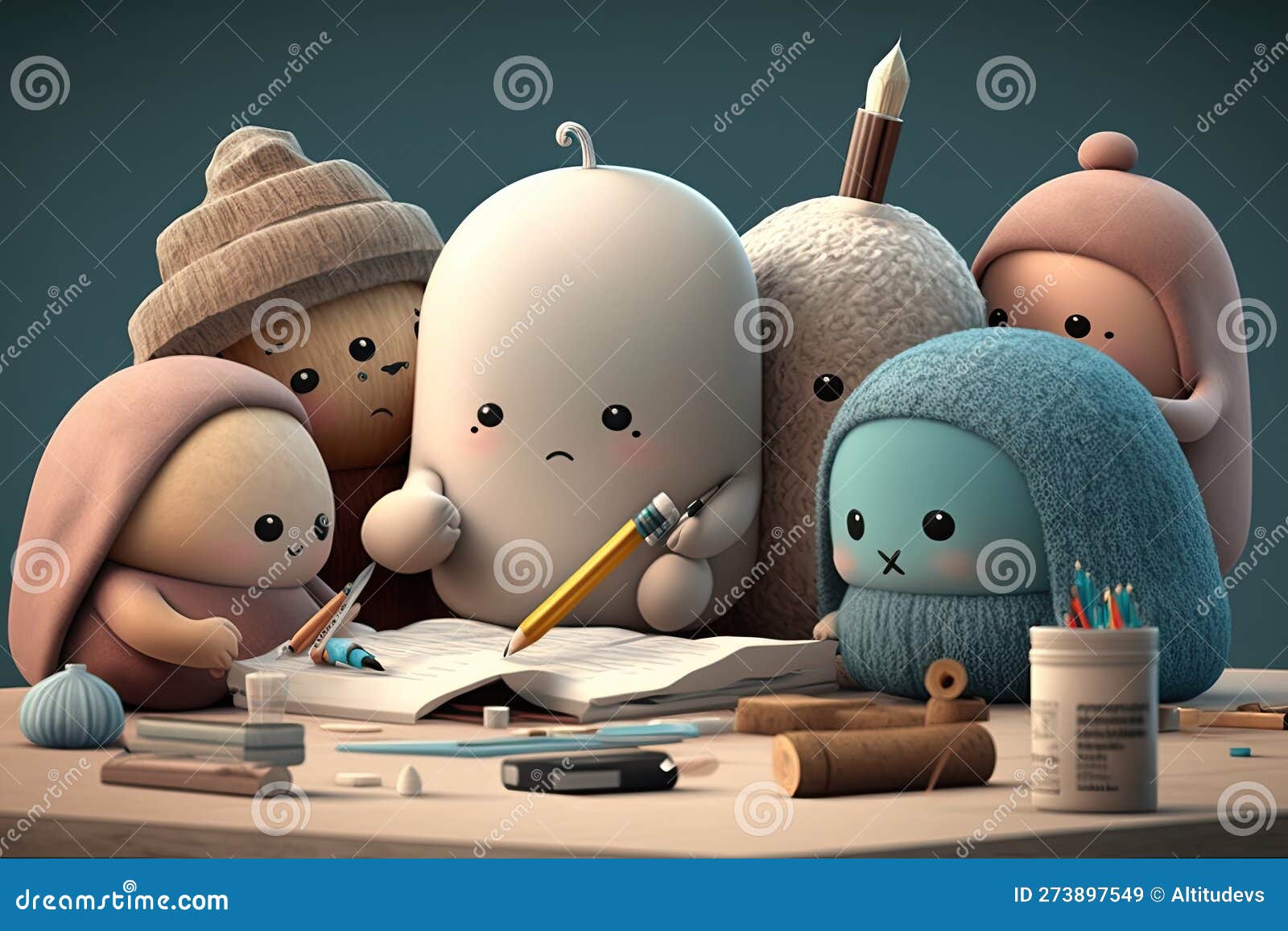 Group of Cute Characters Drawing Together, Sharing Creative Process ...