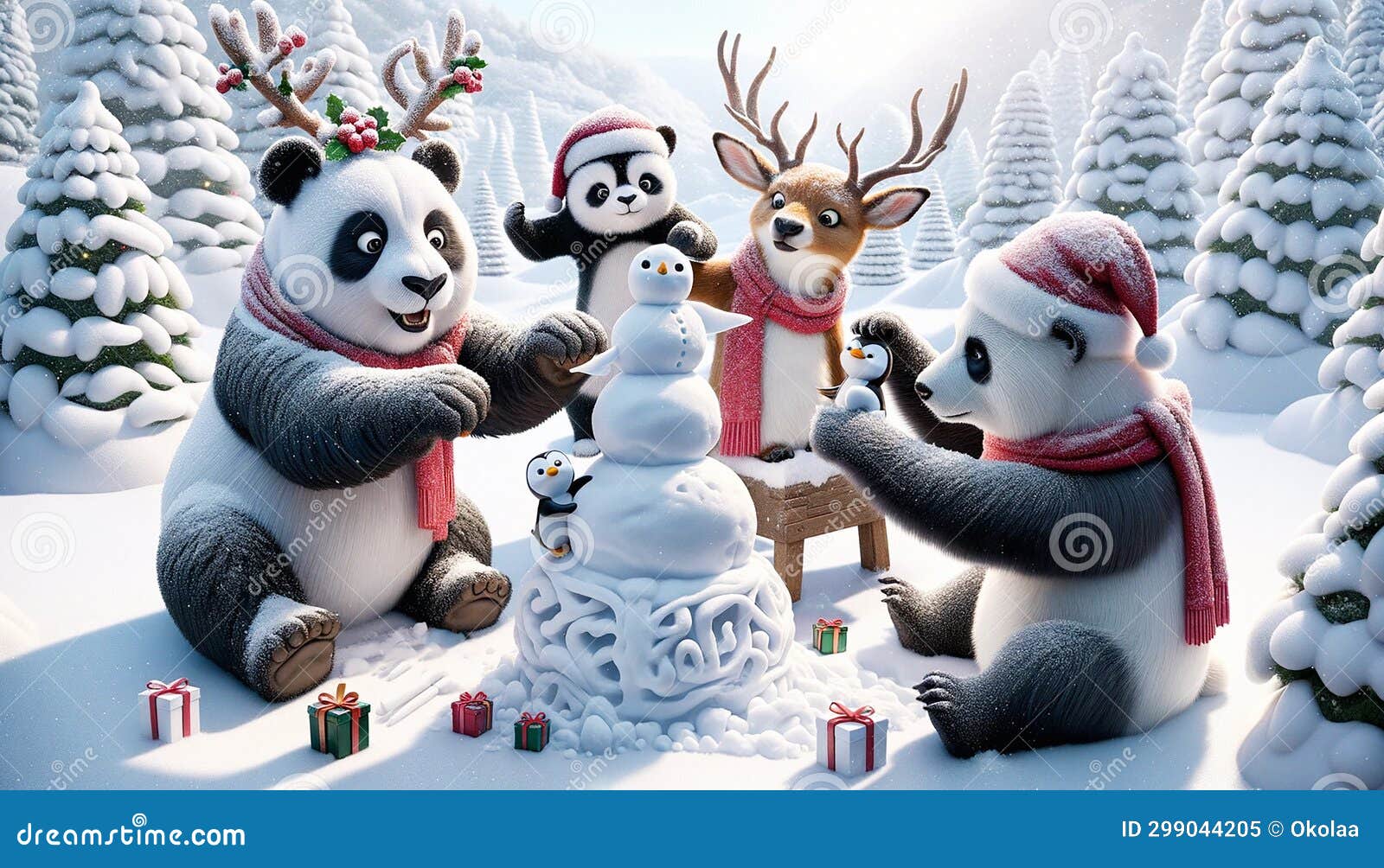 A Group of Cute Friends Making a Snowman in Forest Stock Illustration ...