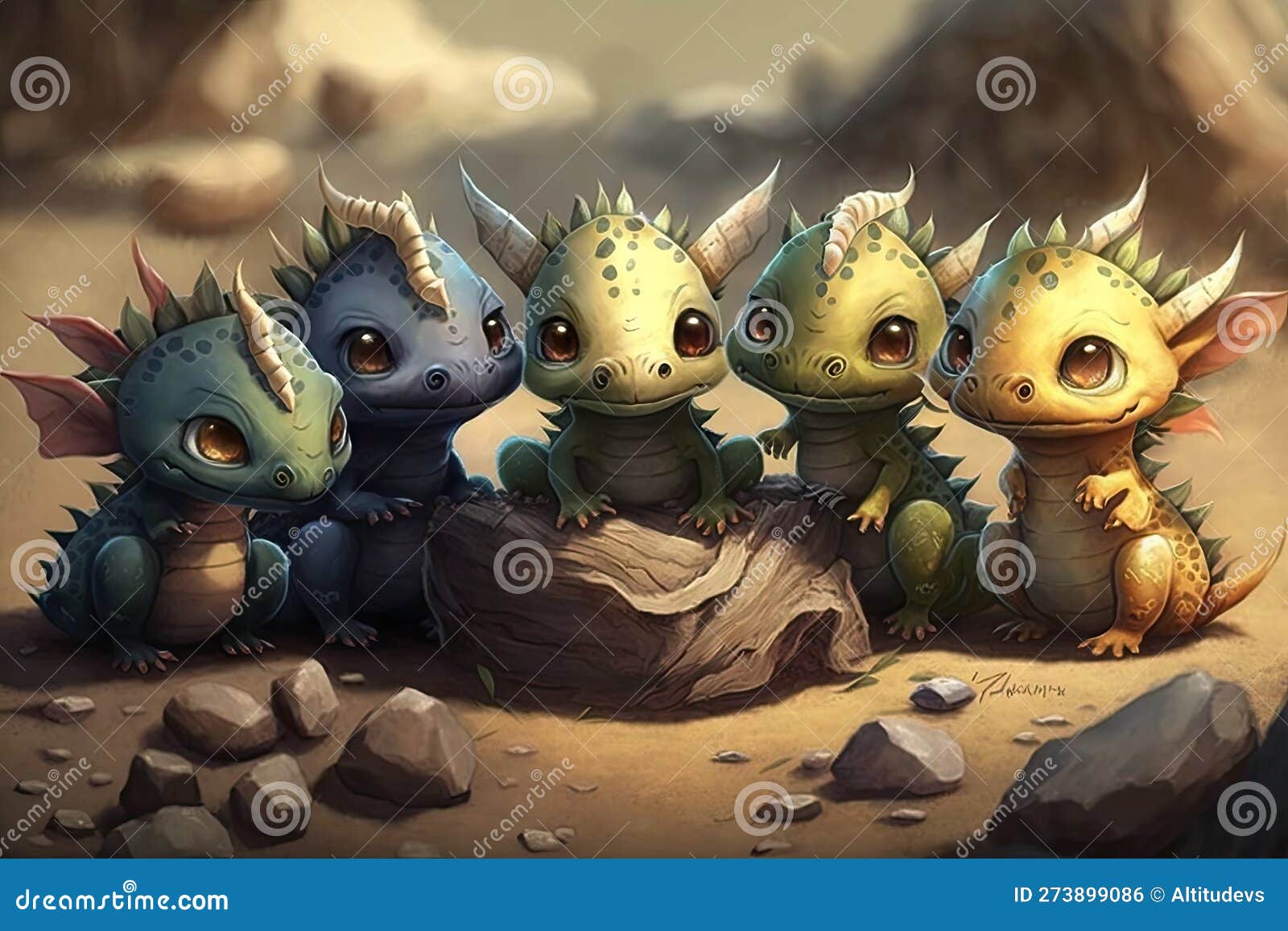 Group of Cute Little Dragons, Playing and Interacting with Each Other ...