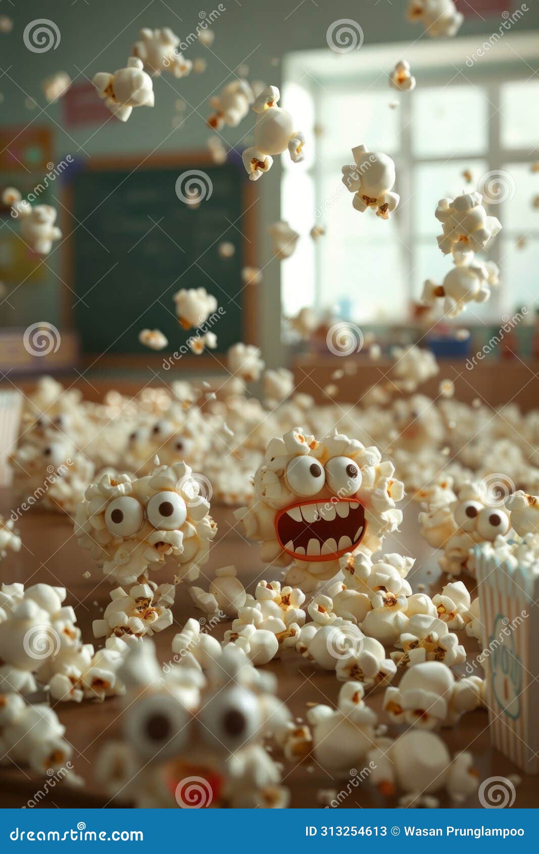 A Group of Cute Popcorn Characters in a 3Drendered Classroom, One ...