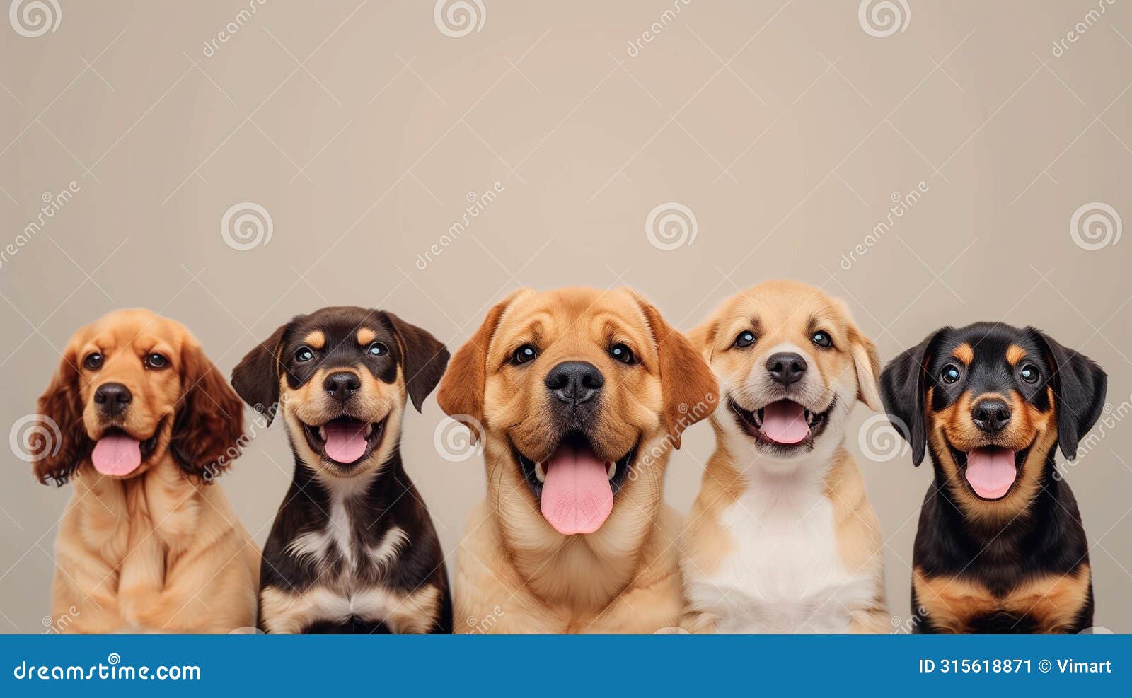 A Group of Cute Puppies of Different Breeds on Blue Background Stock ...