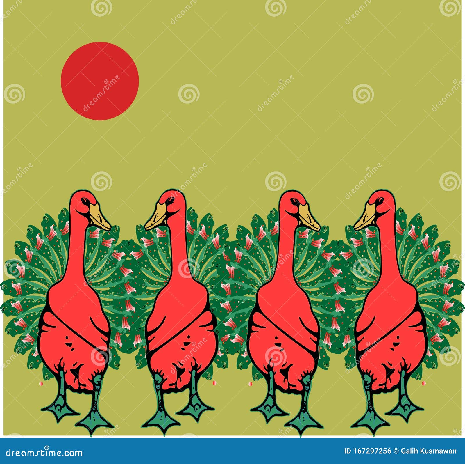 Group of Cute Red Ducks in Yellow Retro Coloured Background.cdr Stock ...