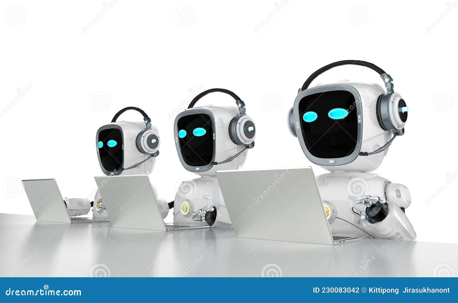 Group of Cyborgs or Robot Assistants Work with Computer Notebook Stock ...