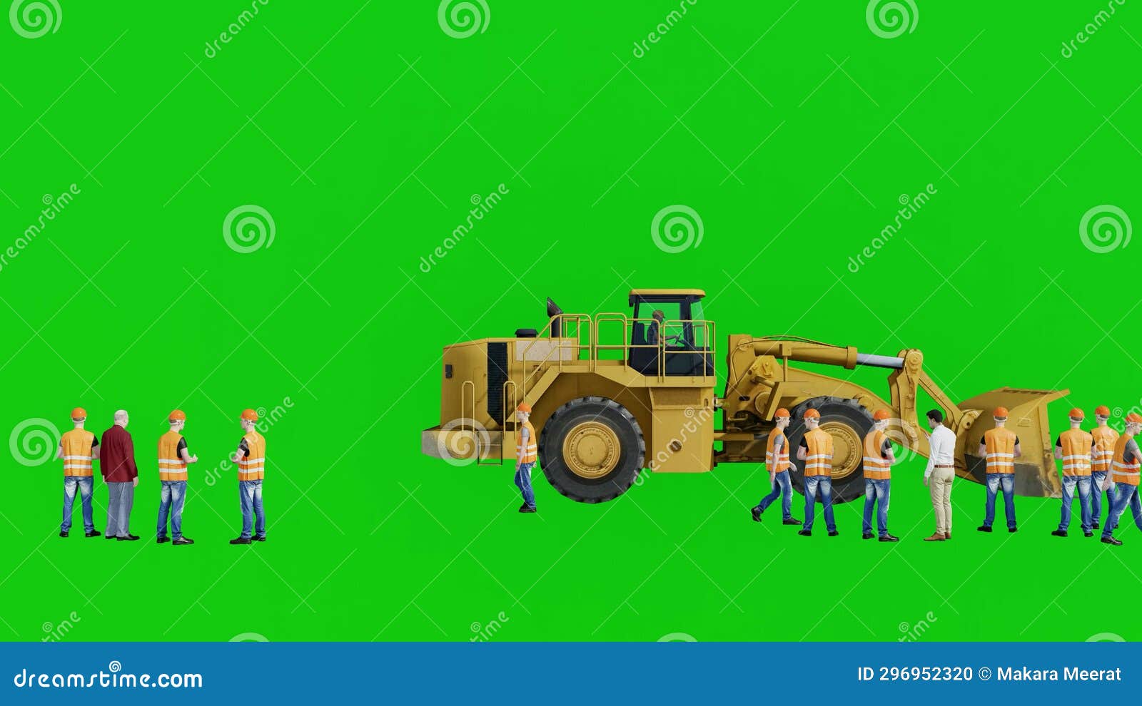 Group of 3d Worker with Bulldozer Moving on Green Screen Background ...