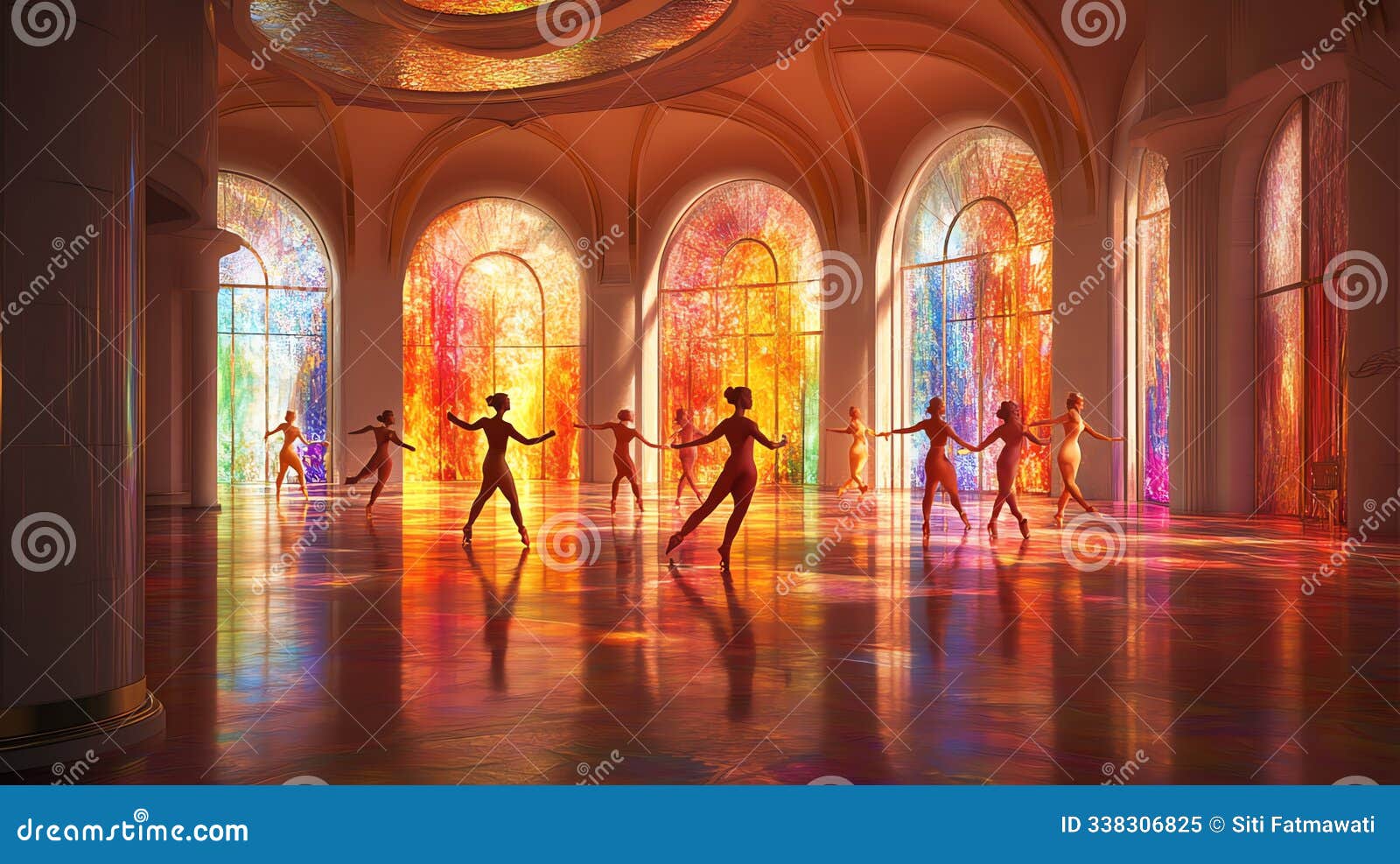 A Group of Dancers in a Grand Hall with Stained Glass Windows Stock ...