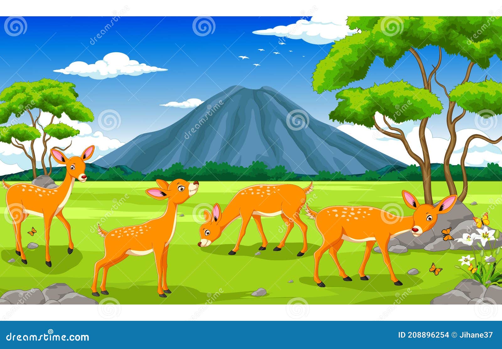 Group of Deer Cartoon Cartoon with Landscape Background Stock ...