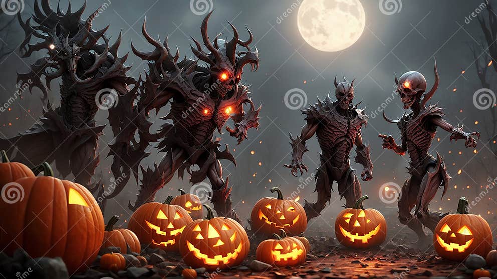A Group of Demonic Creatures with Pumpkins in Front of a Full Moon ...