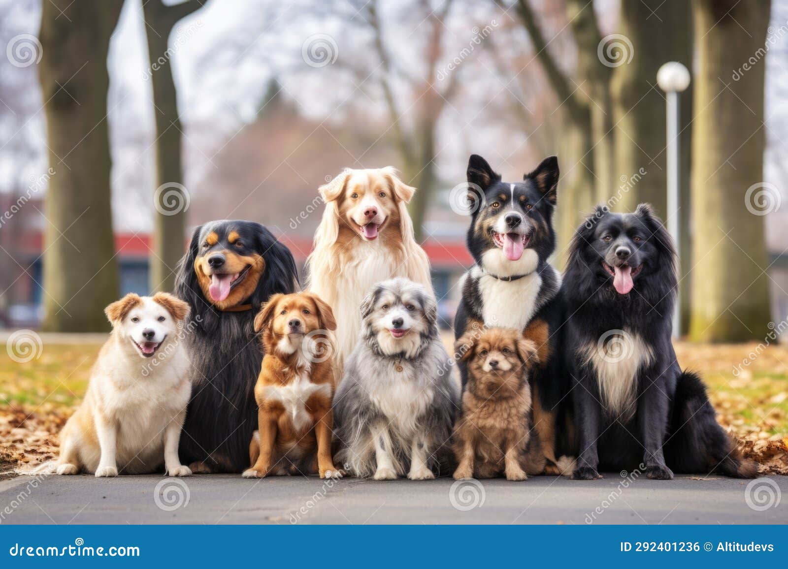 Group of Different Breed Dogs Sitting Together in a Park Stock Photo ...