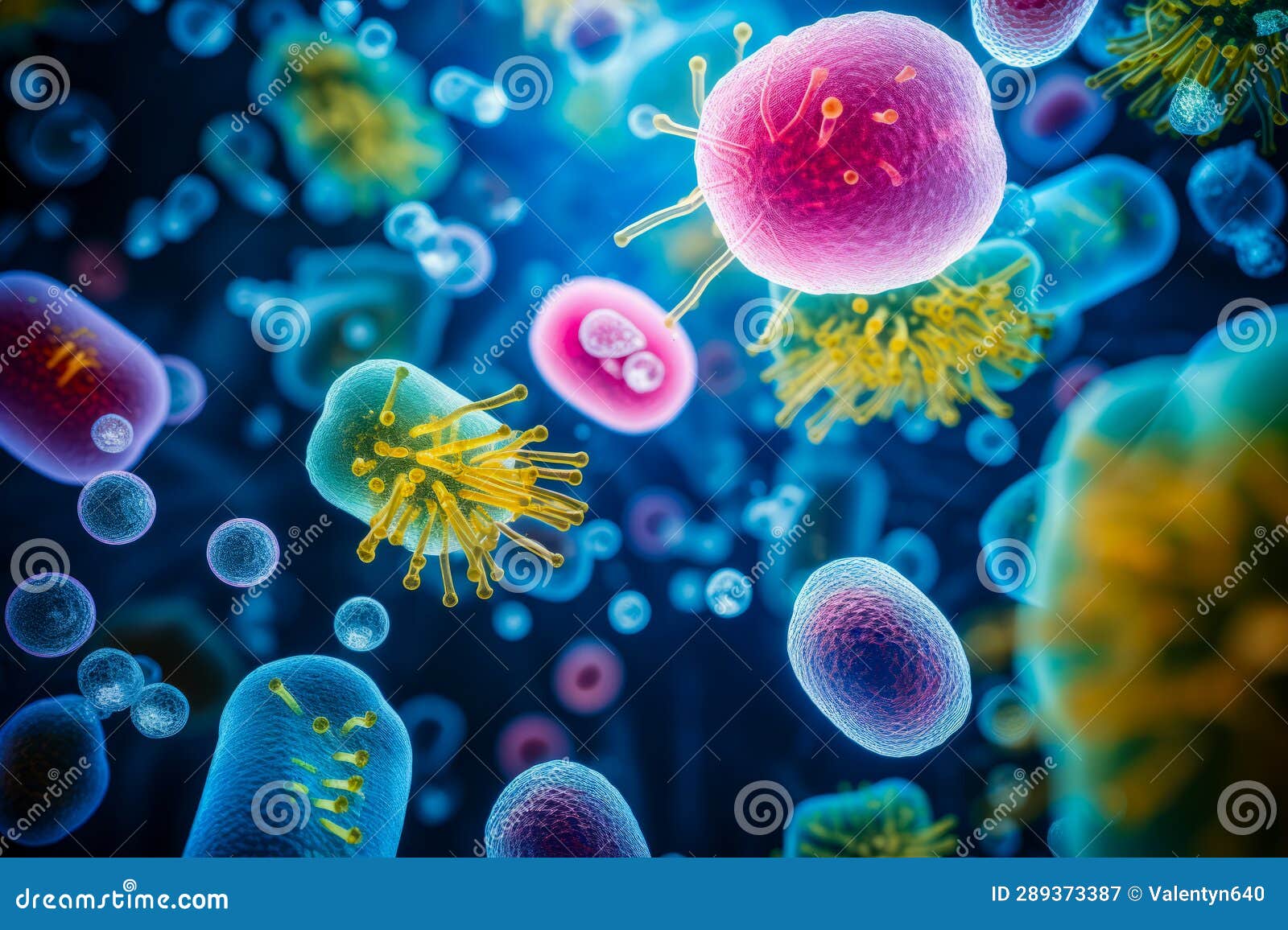 Group of Different Colored Cells in Blue Background with Bubbles ...