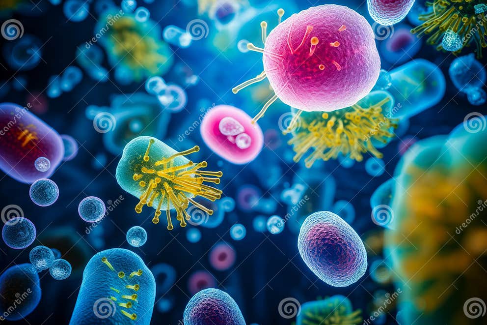 Group of Different Colored Cells in Blue Background with Bubbles ...