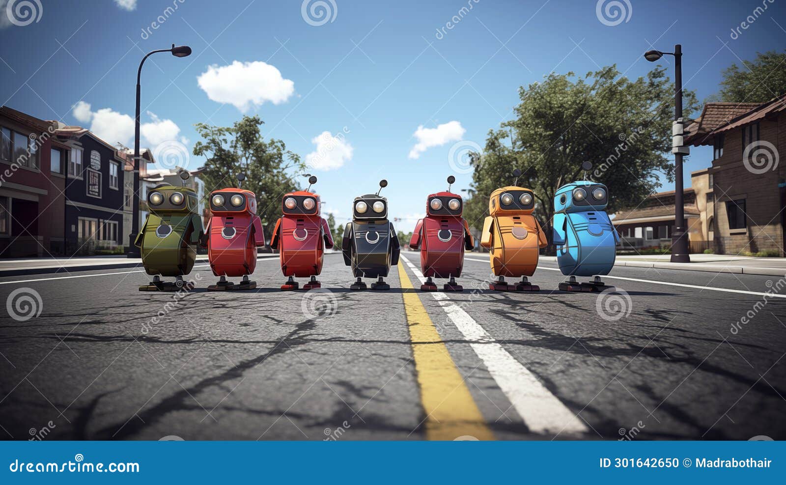 A Group of Different Colored Cute Robots Standing in a Row on the ...